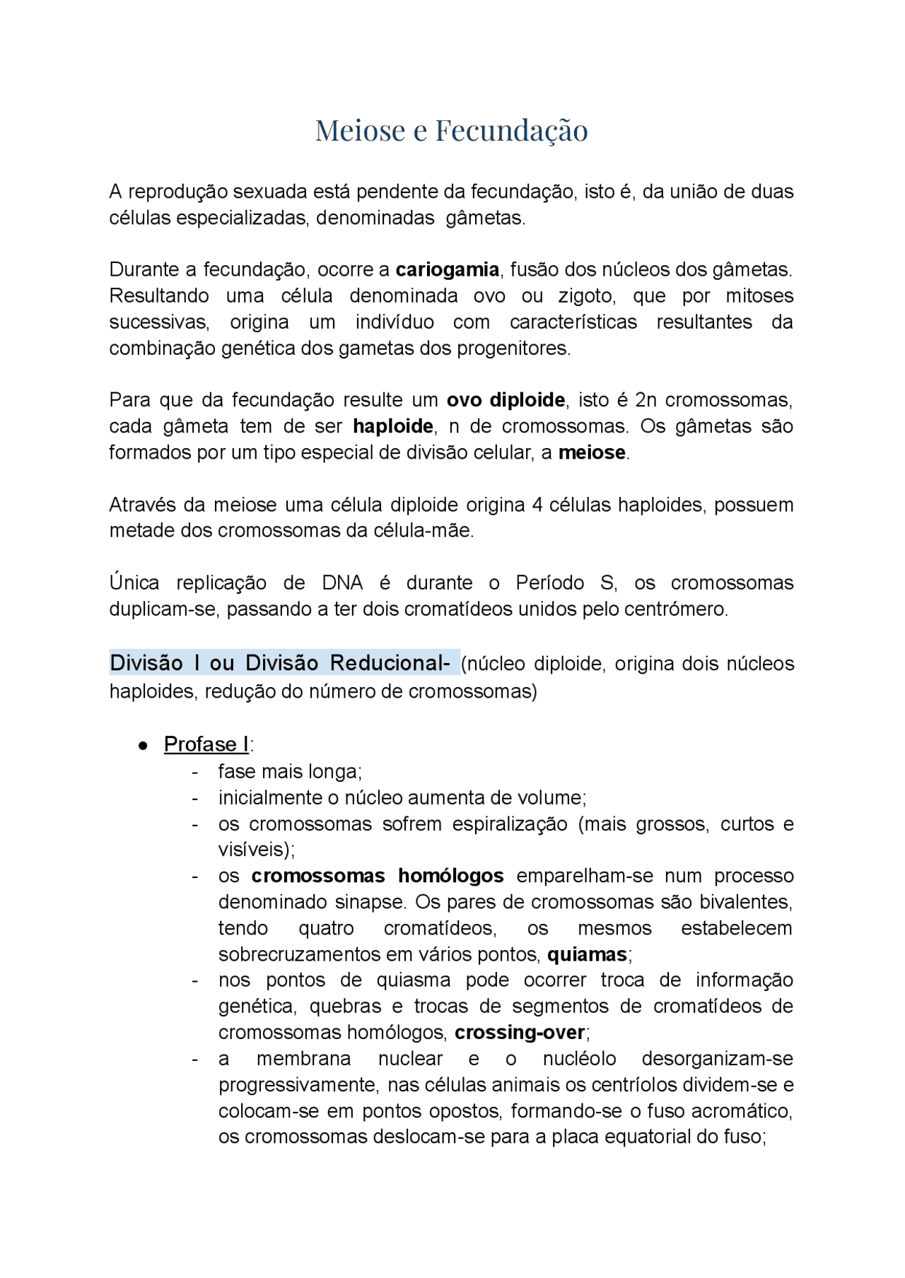 Meiose E Fecundação Resumos Biologia Docsity