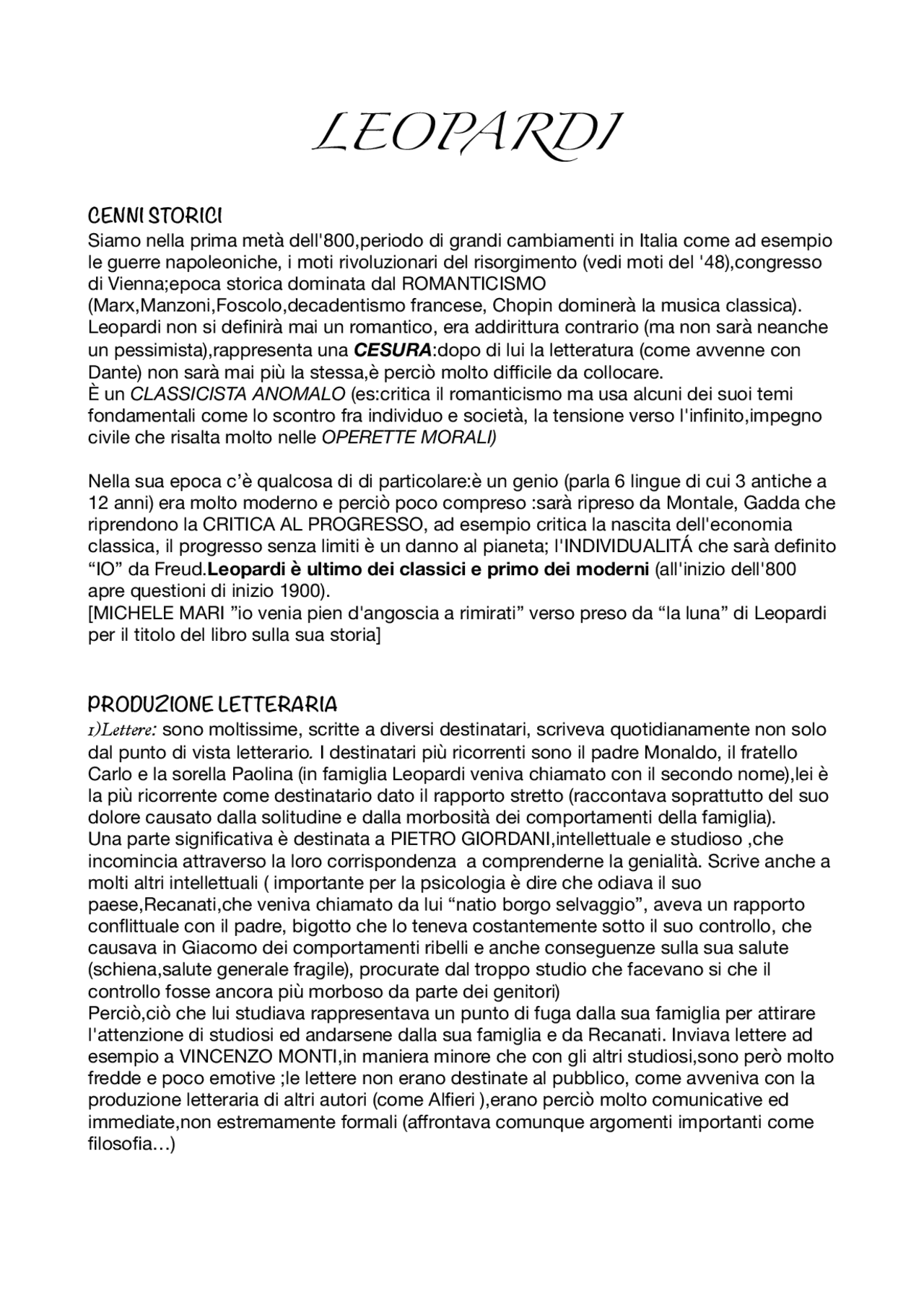 Appunti Di Leopardi Appunti Di Lingue E Letterature Classiche Docsity