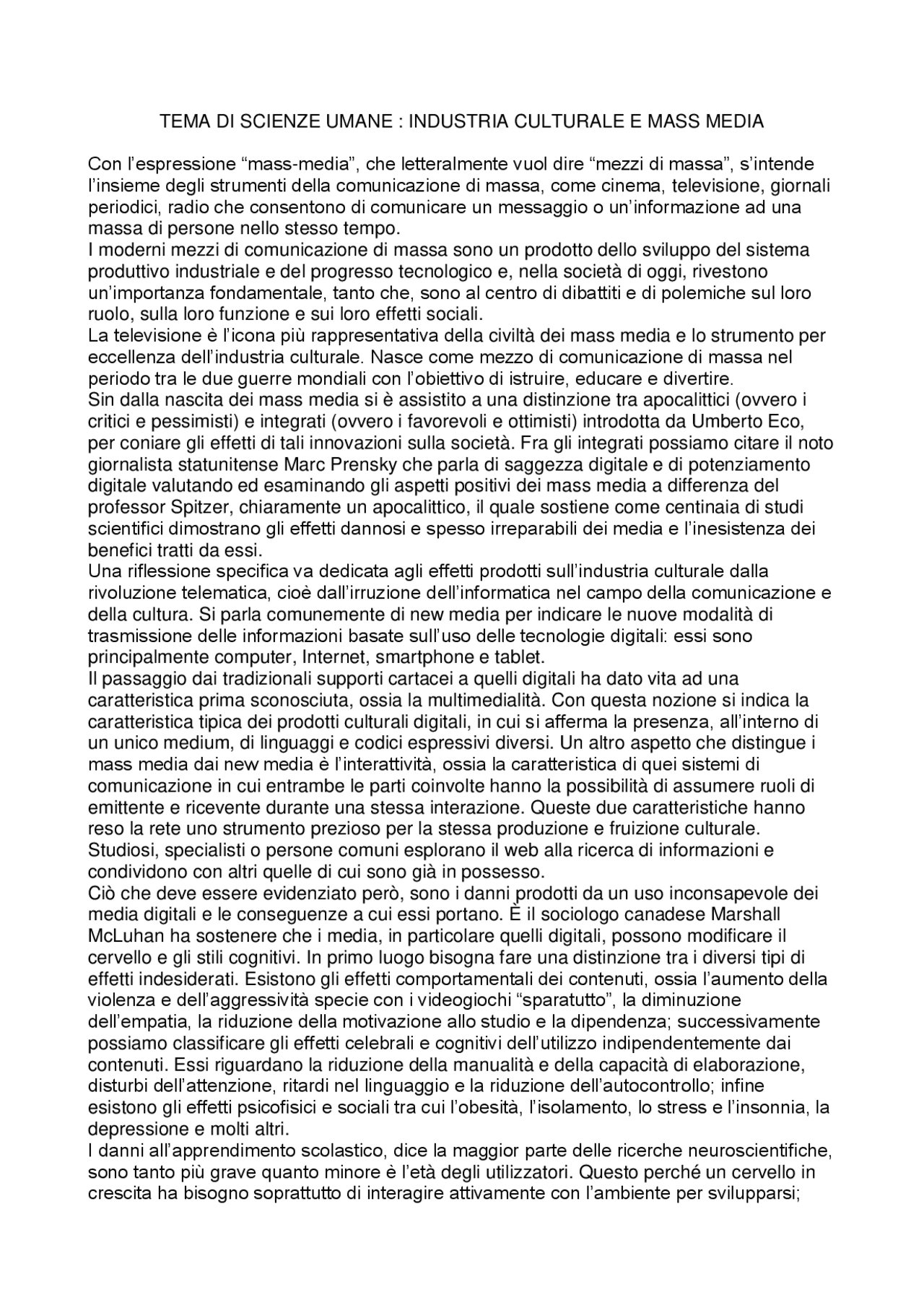 TEMA SUI MASS MEDIA + TEMA SCIENZE UMANE | Appunti di Italiano | Docsity