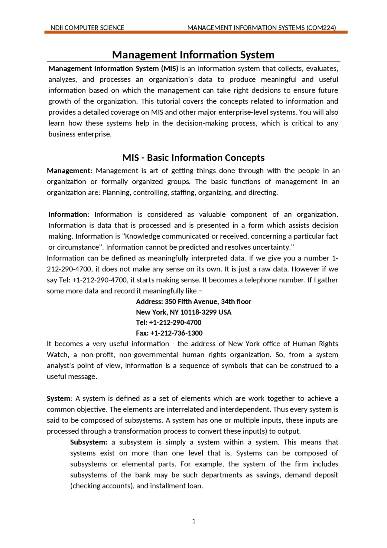 Management Information System Lecture Notes Management Information