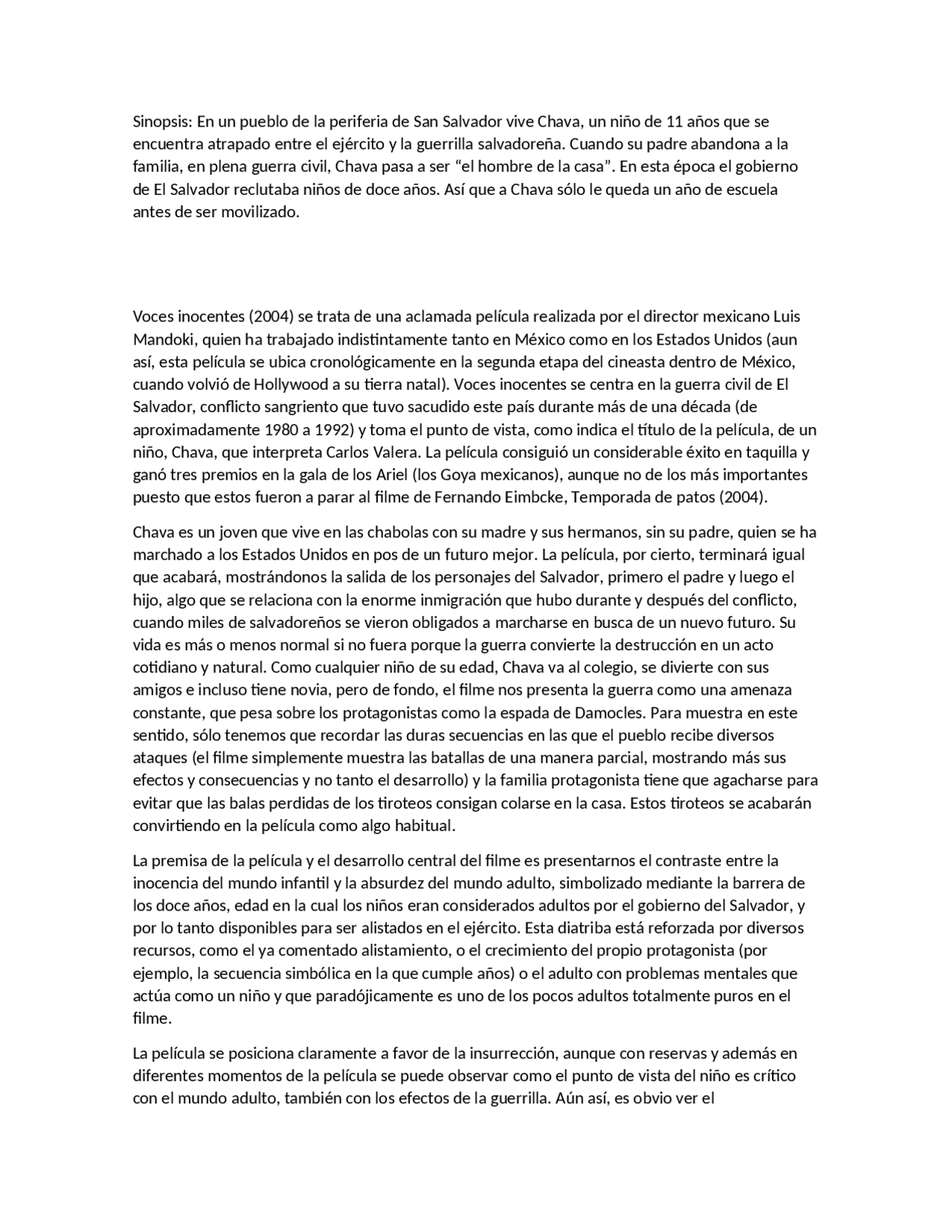 Resumen De La Película Voces Inocentes Resúmenes De Sociología Y