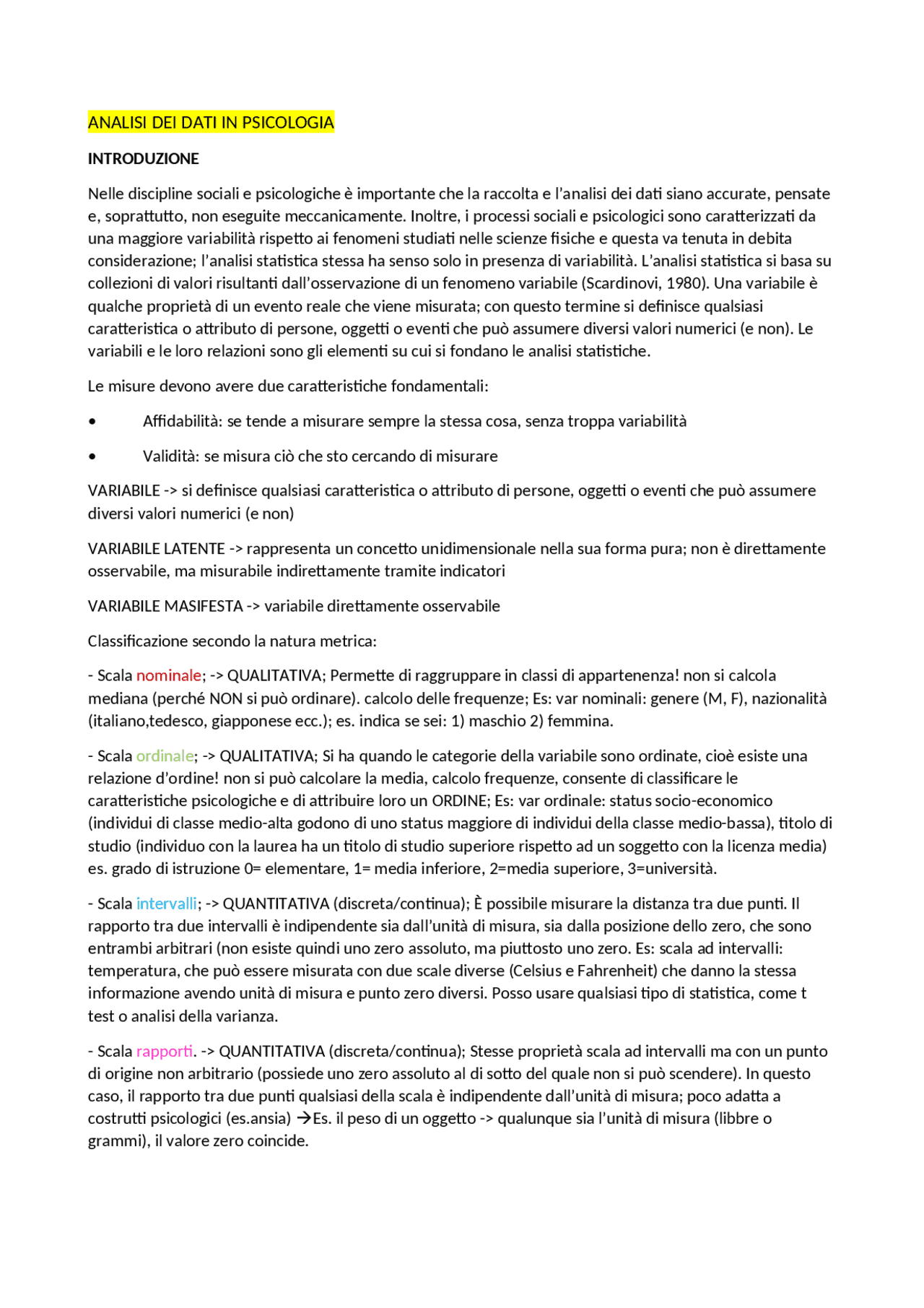 Riassunto di analisi dei dati completo corso in psicologia, programma per l'esame | Schemi e ...