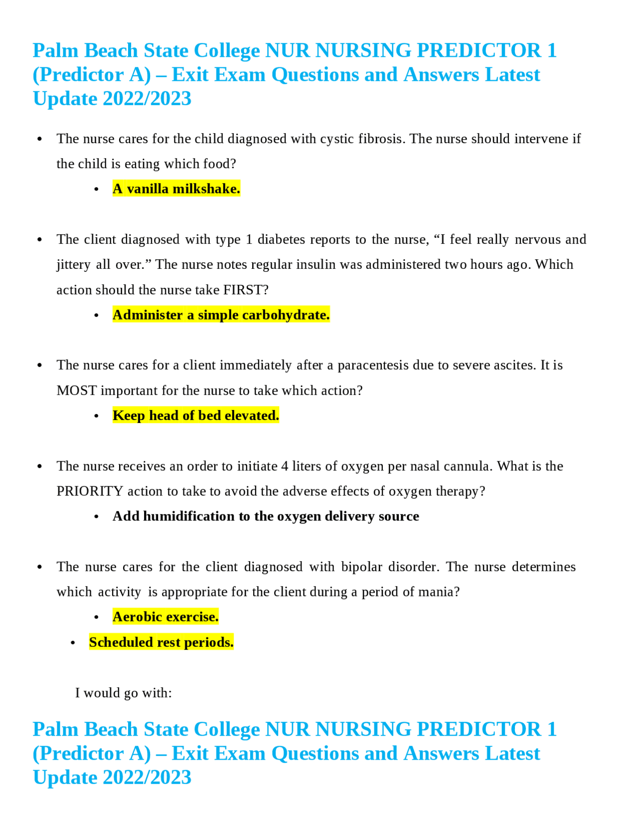 Palm Beach State College Nur Nursing Predictor 1 Predictor A Exit