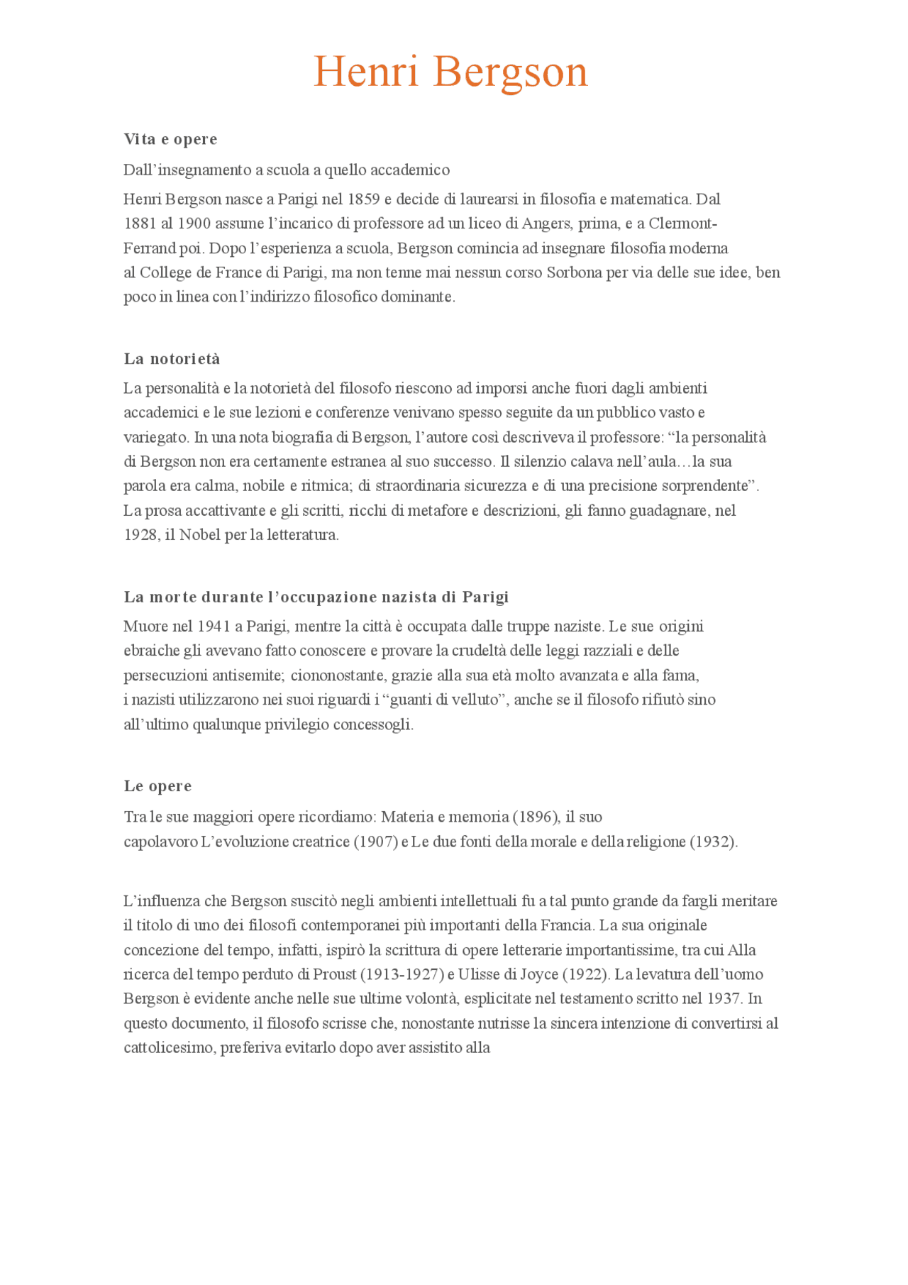 Henri Bergson Riassunto Appunti Di Filosofia Docsity