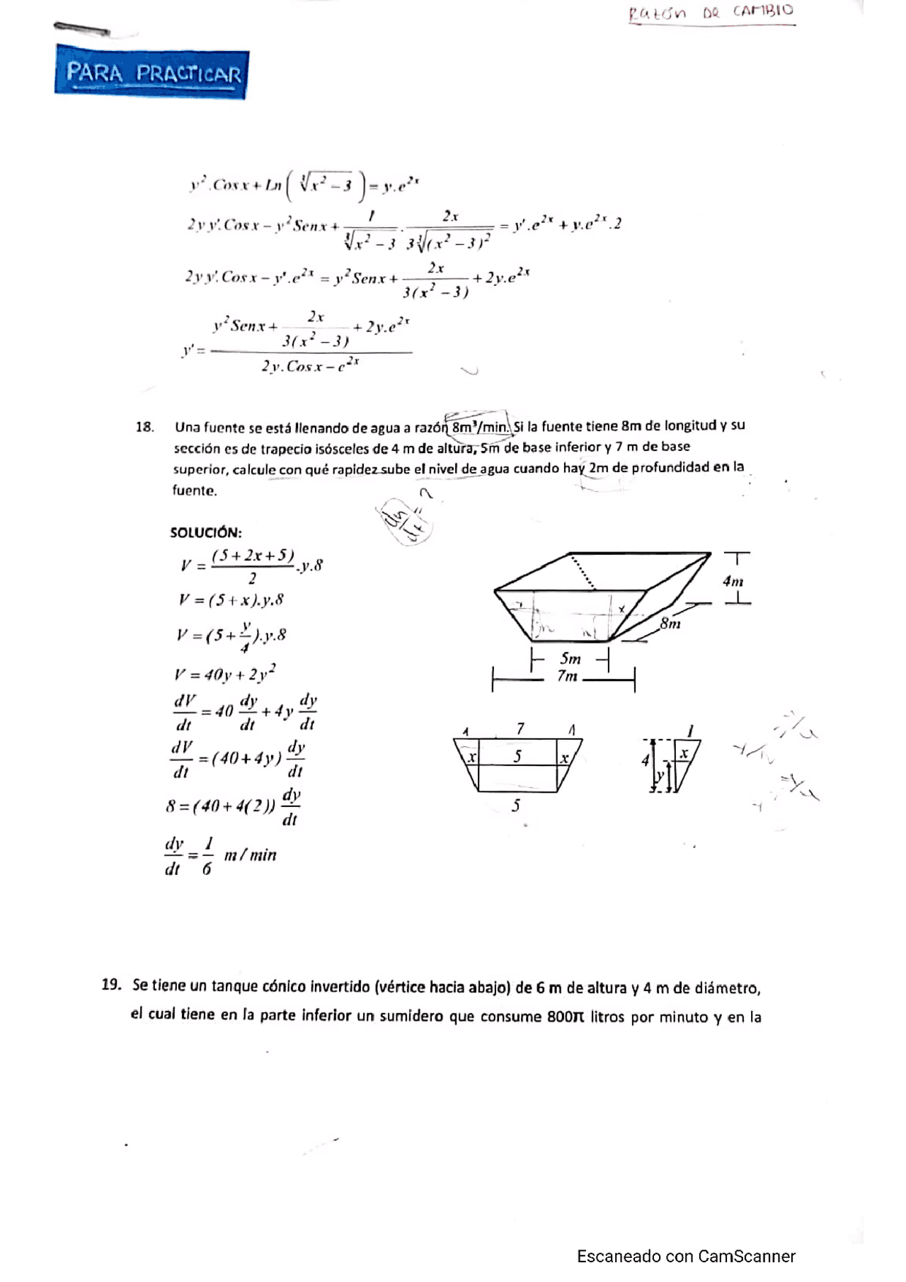 Ejercicio De Razón De Cambio Ejercicios De Matemáticas Docsity
