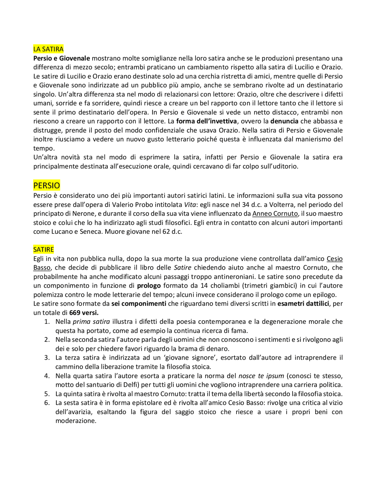 Appunti Di Persio E Giovenale Appunti Di Latino Docsity