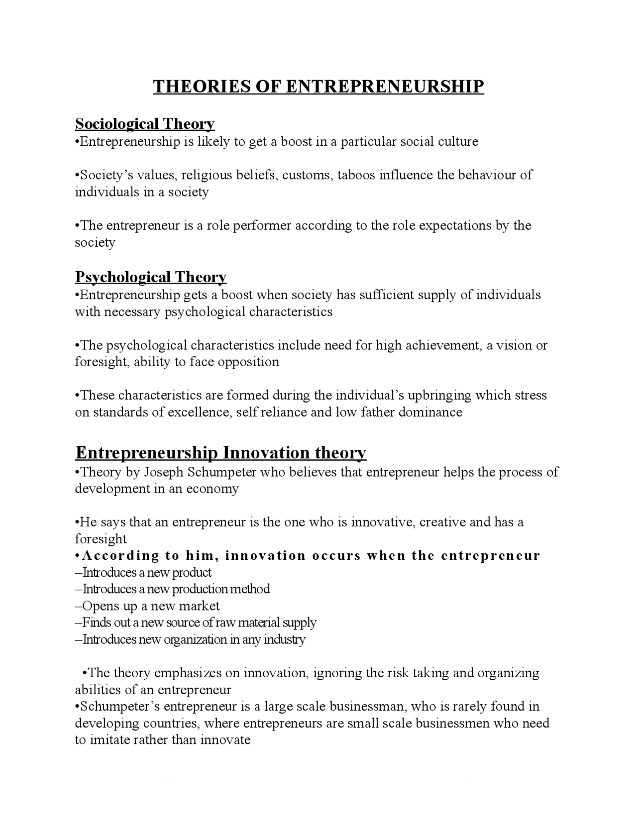 Lecture Notes Entrepreneurship Theories Of Entrepreneurship