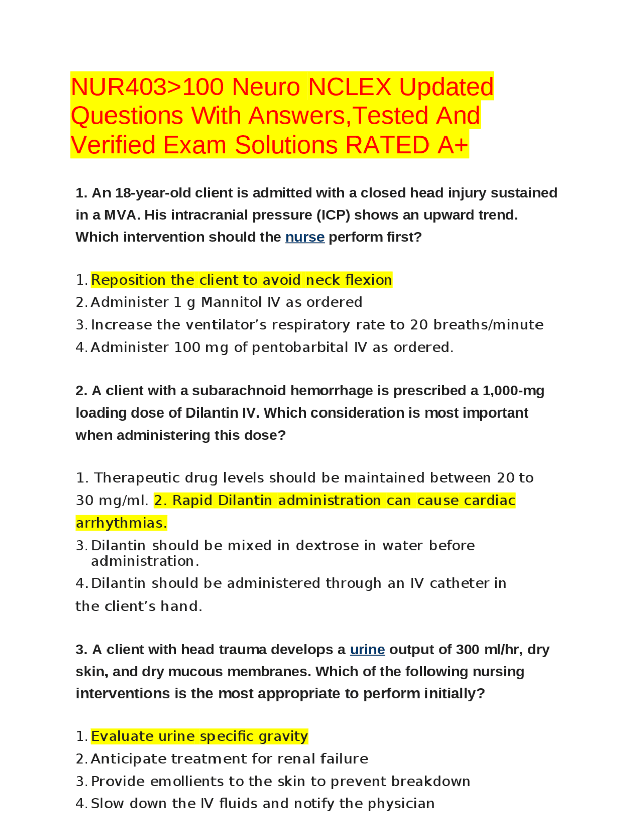 NUR403>100 Neuro NCLEX Updated Questions With Answers,Tested And ...