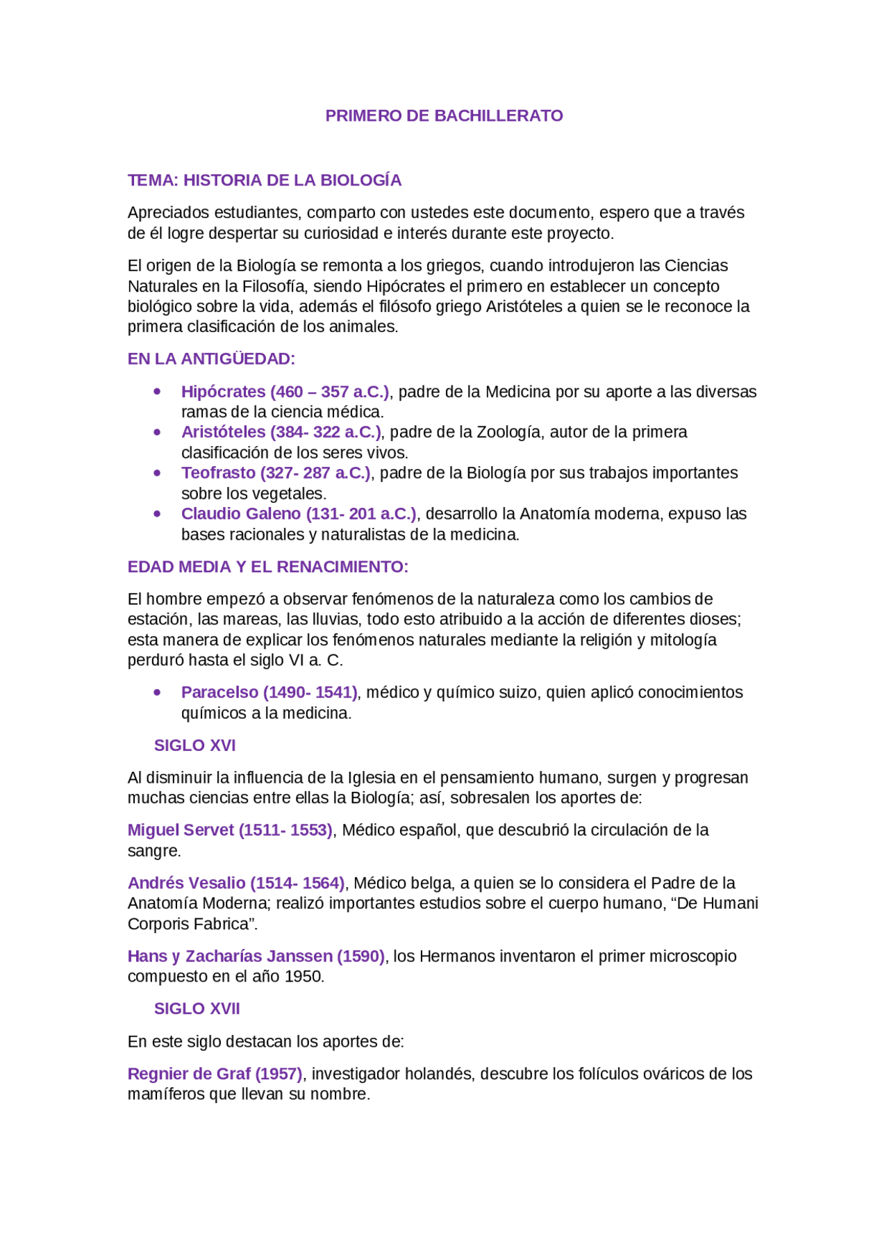 Historia de la Biología | Apuntes de Biología | Docsity