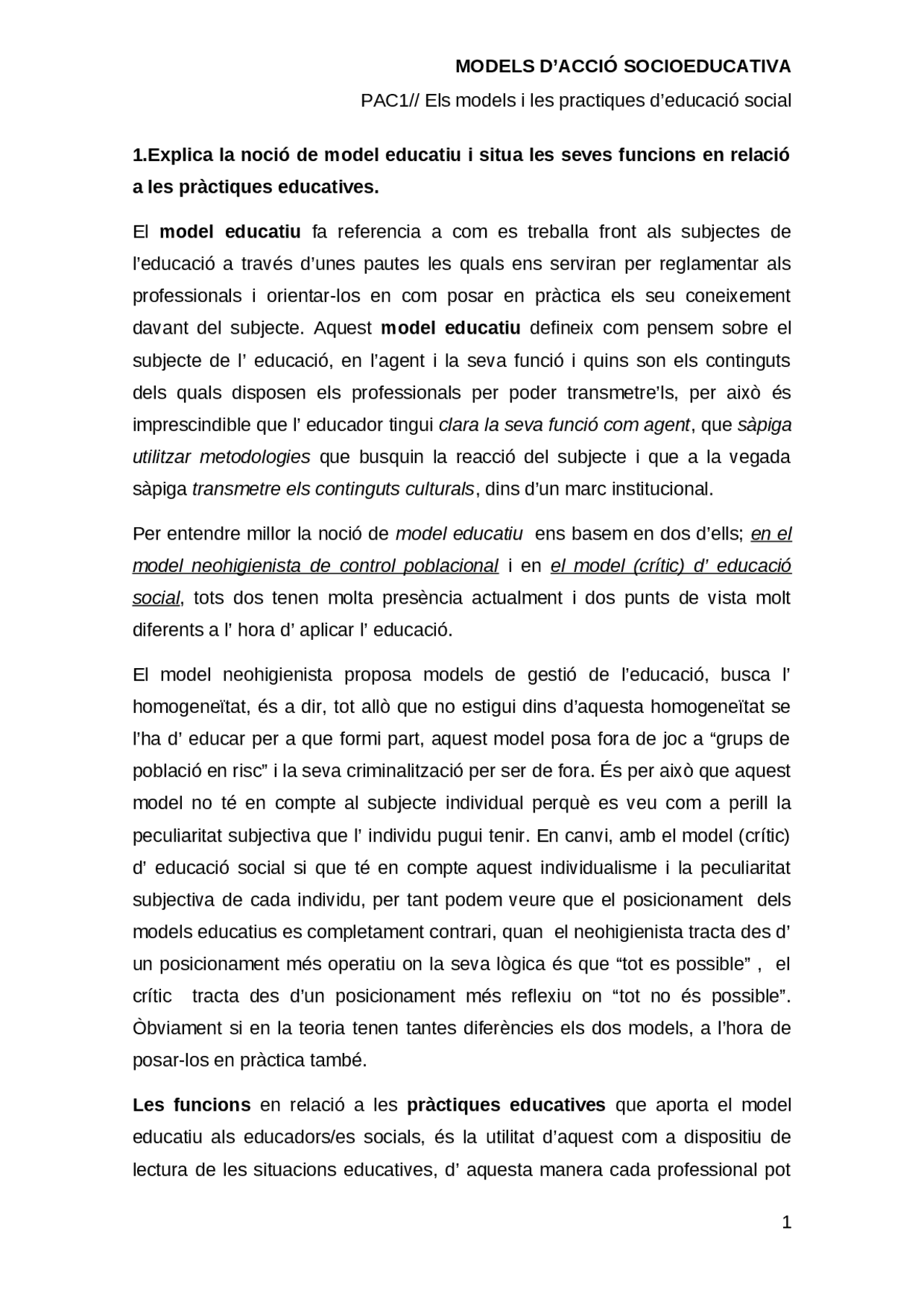 Pac 1 Models Per A LacciÓ Socioeducativa Ejercicios De Psicología