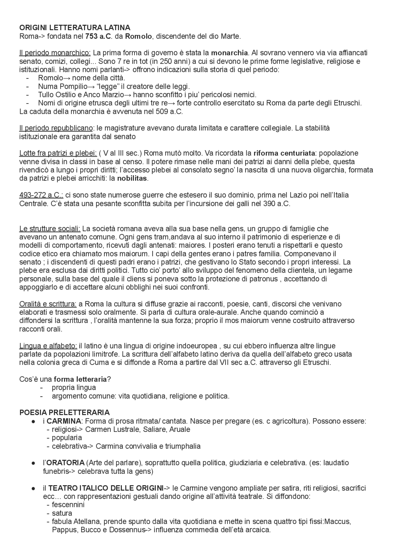 Origini della letteratura latina e cesafe | Appunti di Latino | Docsity
