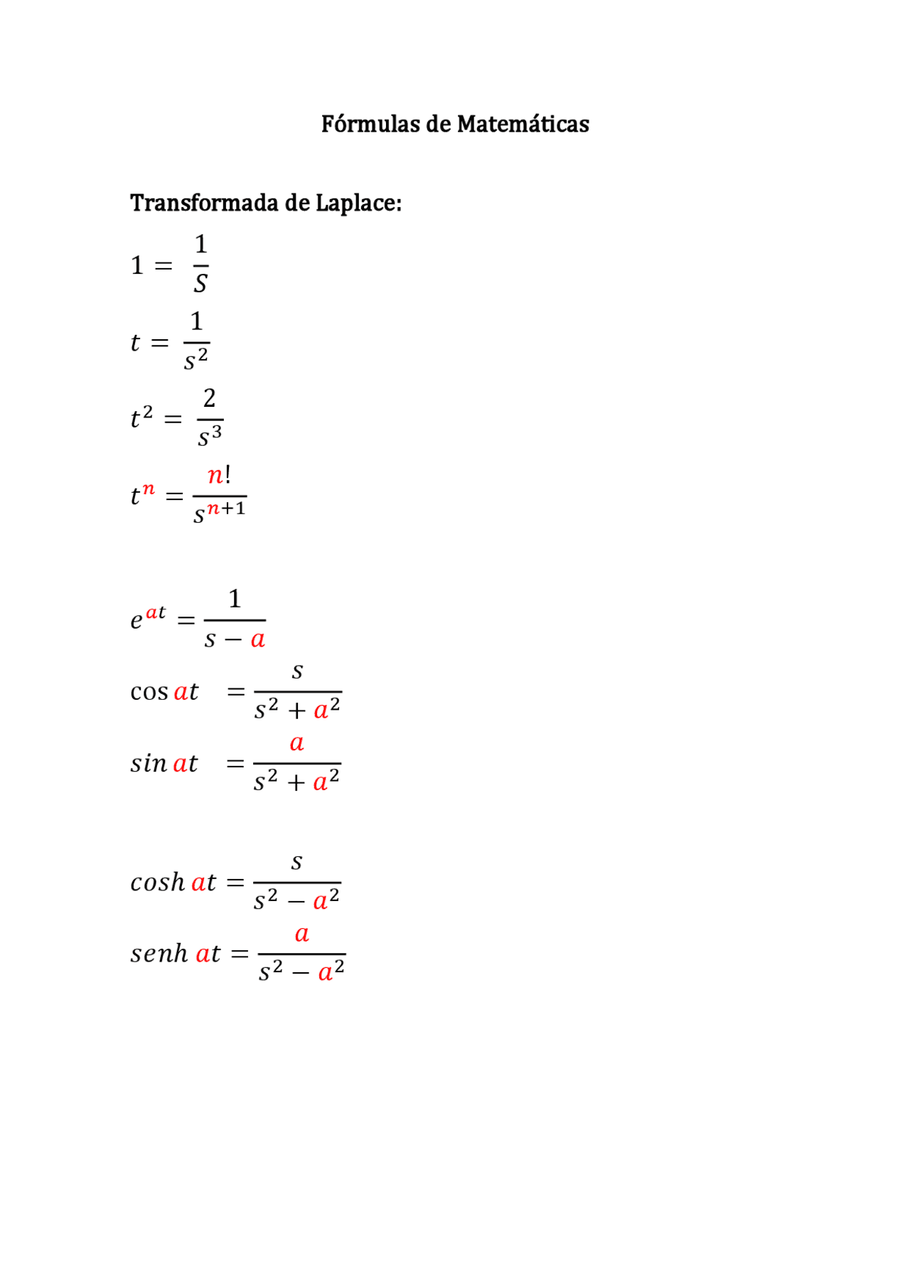 Fórmulas Transformadas de Laplace | Apuntes de Matemáticas | Docsity