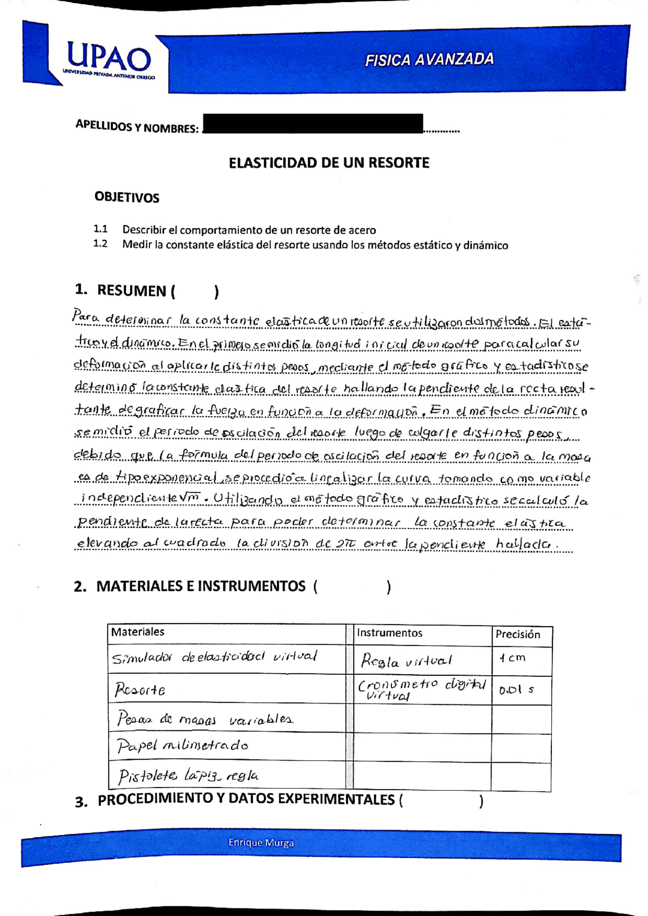 Informe De Laboratorio 6 Elasticidad De Un Resorte Fisica Avanzada