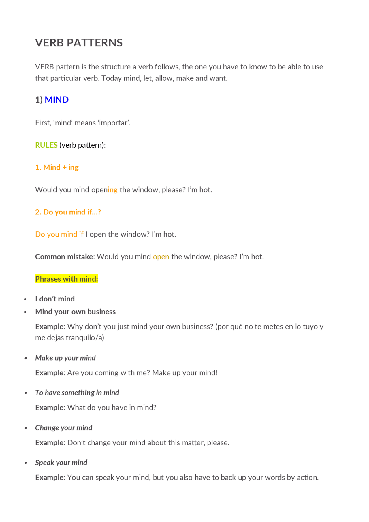 Es un documento que explica la teoría de los verbs patterns | Diapositivas de Inglés | Docsity