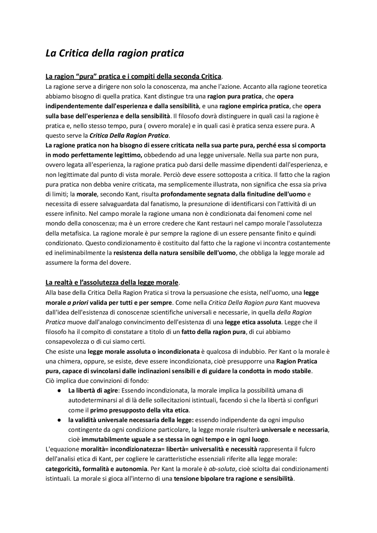 Kant La Critica Della Ragion Pratica Dispense Di Filosofia Docsity