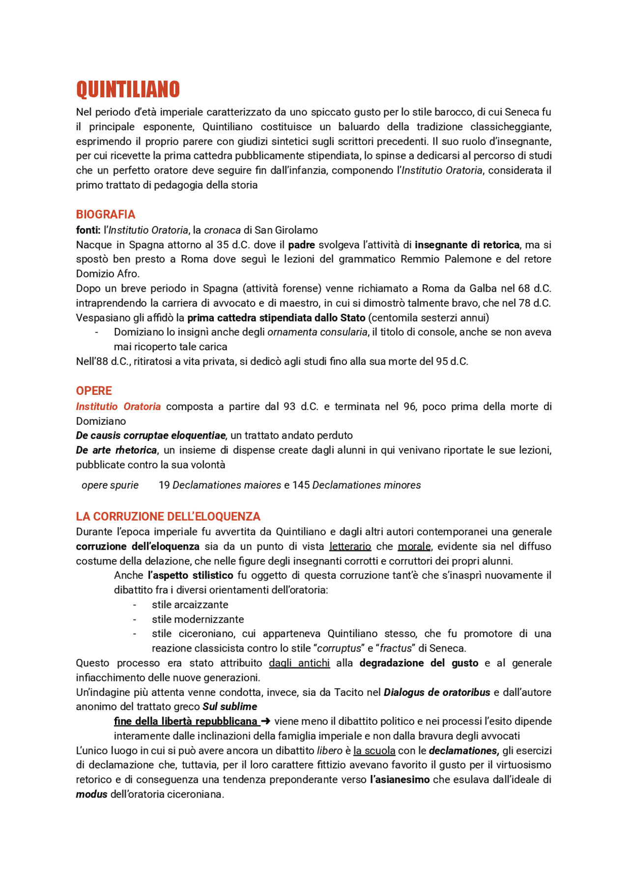 Riassunto e appunti Quintiliano | Appunti di Latino | Docsity