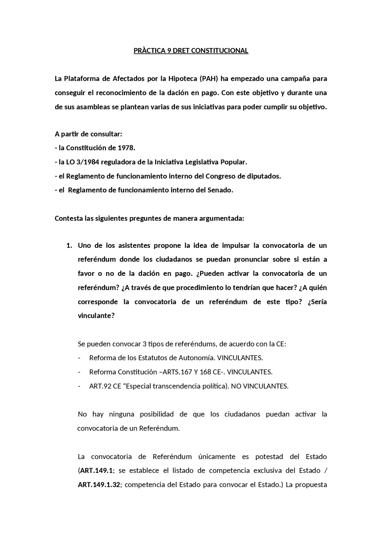 Derecho Constitucional Ii PrÁctica 9 Ejercicios De Derecho