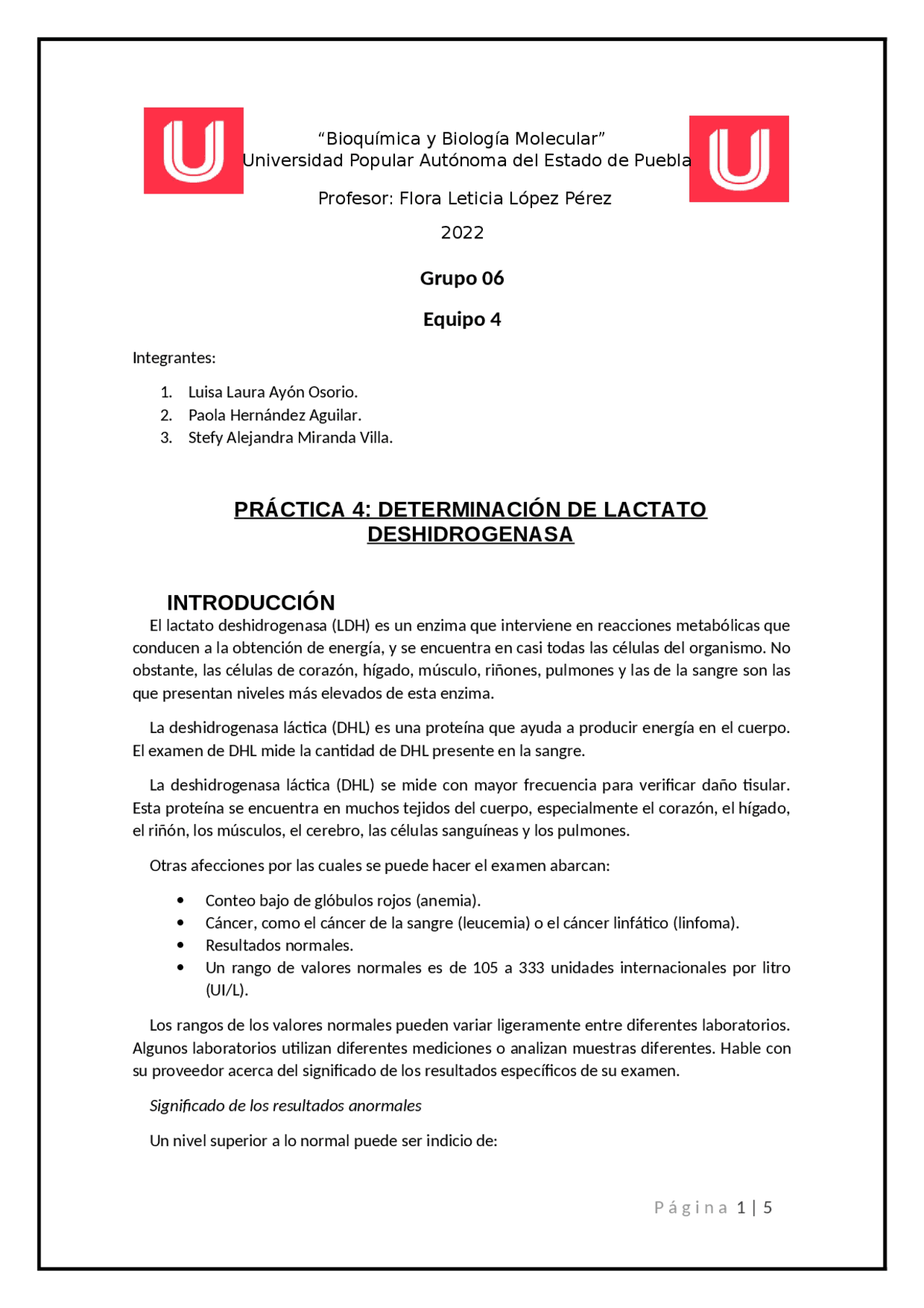 Práctica 5 De Bioquímica Y Biología Resúmenes De Bioquímica Docsity