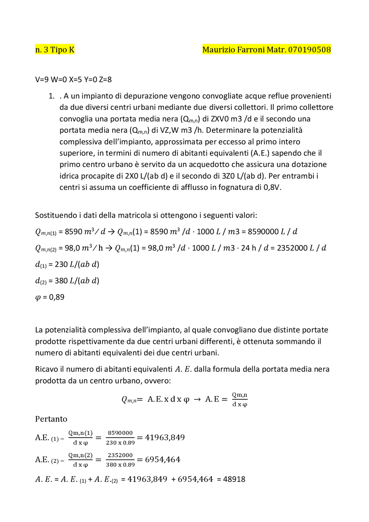 Elaborato 3 Tipo K Ingegneria Ambientale Esercizi Di Ingegneria