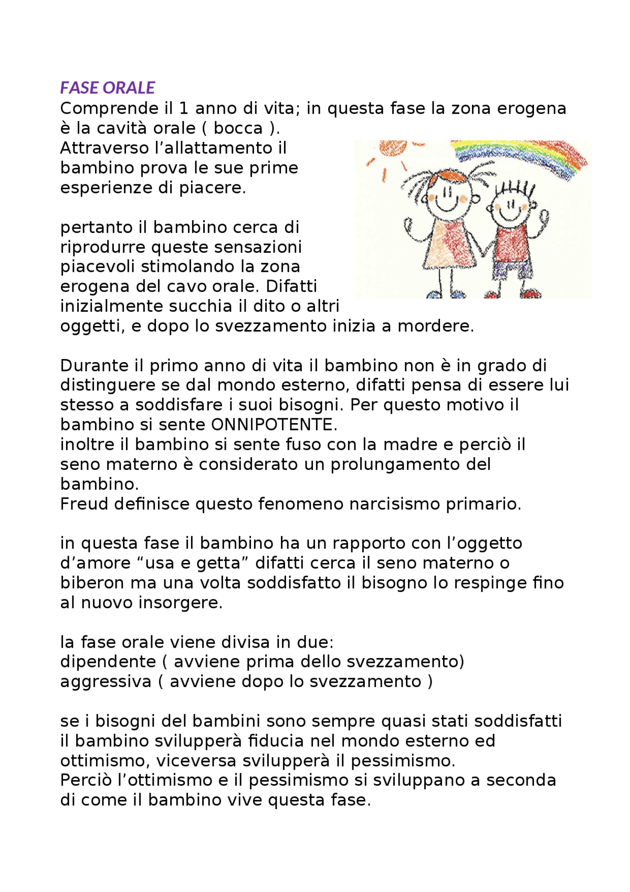 SVILUPPO PSICOSESSUALE: la fase orale | Appunti di Psicologia | Docsity