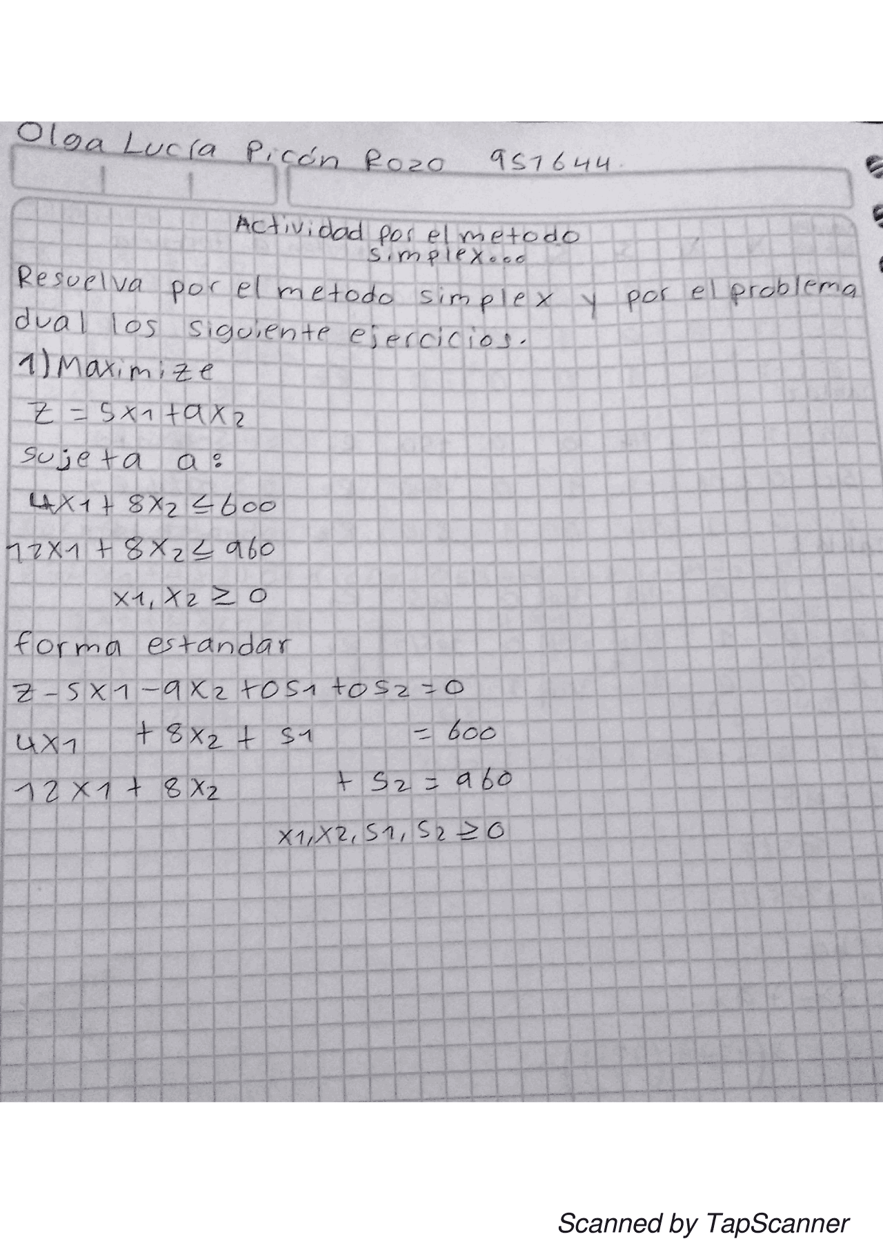 Ejercicios de método Simplex | Ejercicios de Métodos Matemáticos para Análisis Numérico y ...