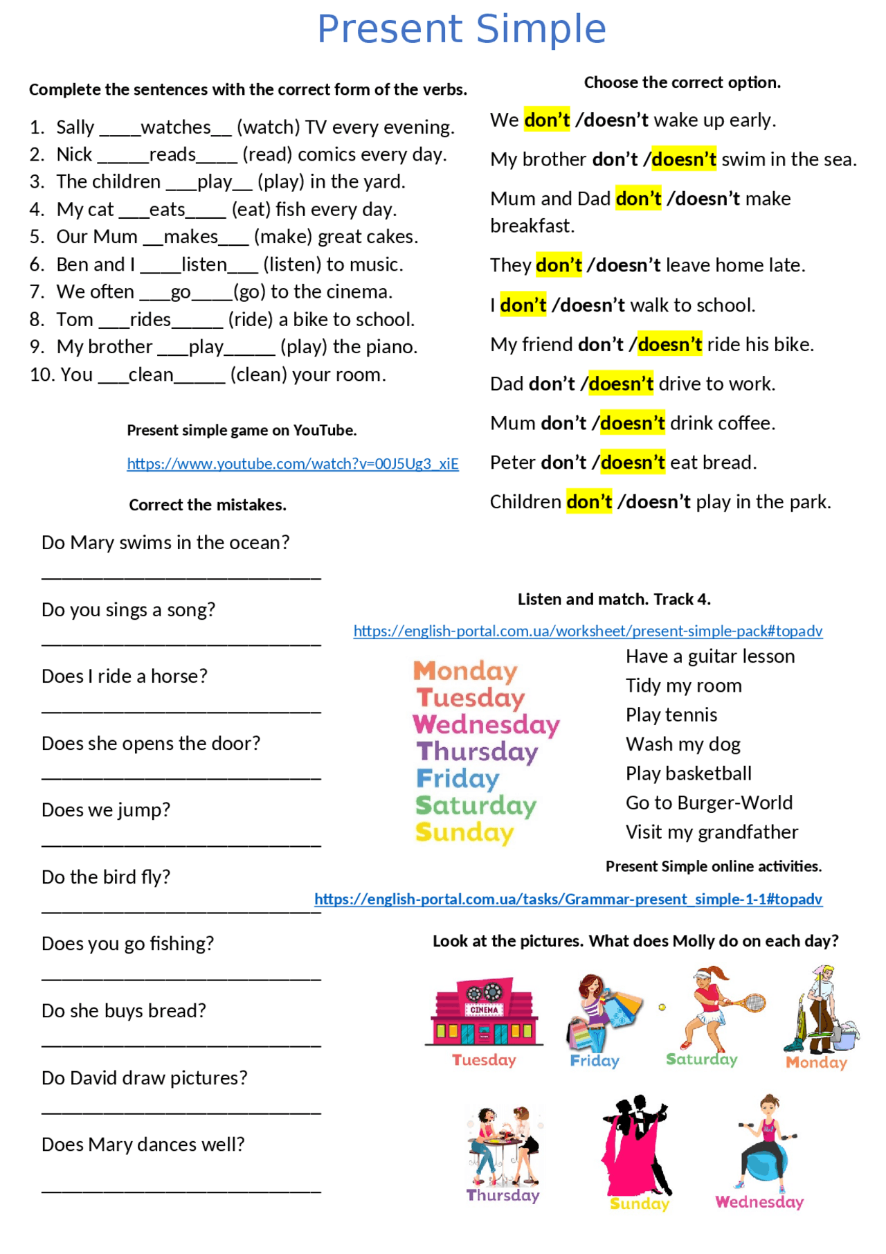 ACTIVIDADES PRESENTE SIMPLE | Apuntes de Idioma Inglés | Docsity