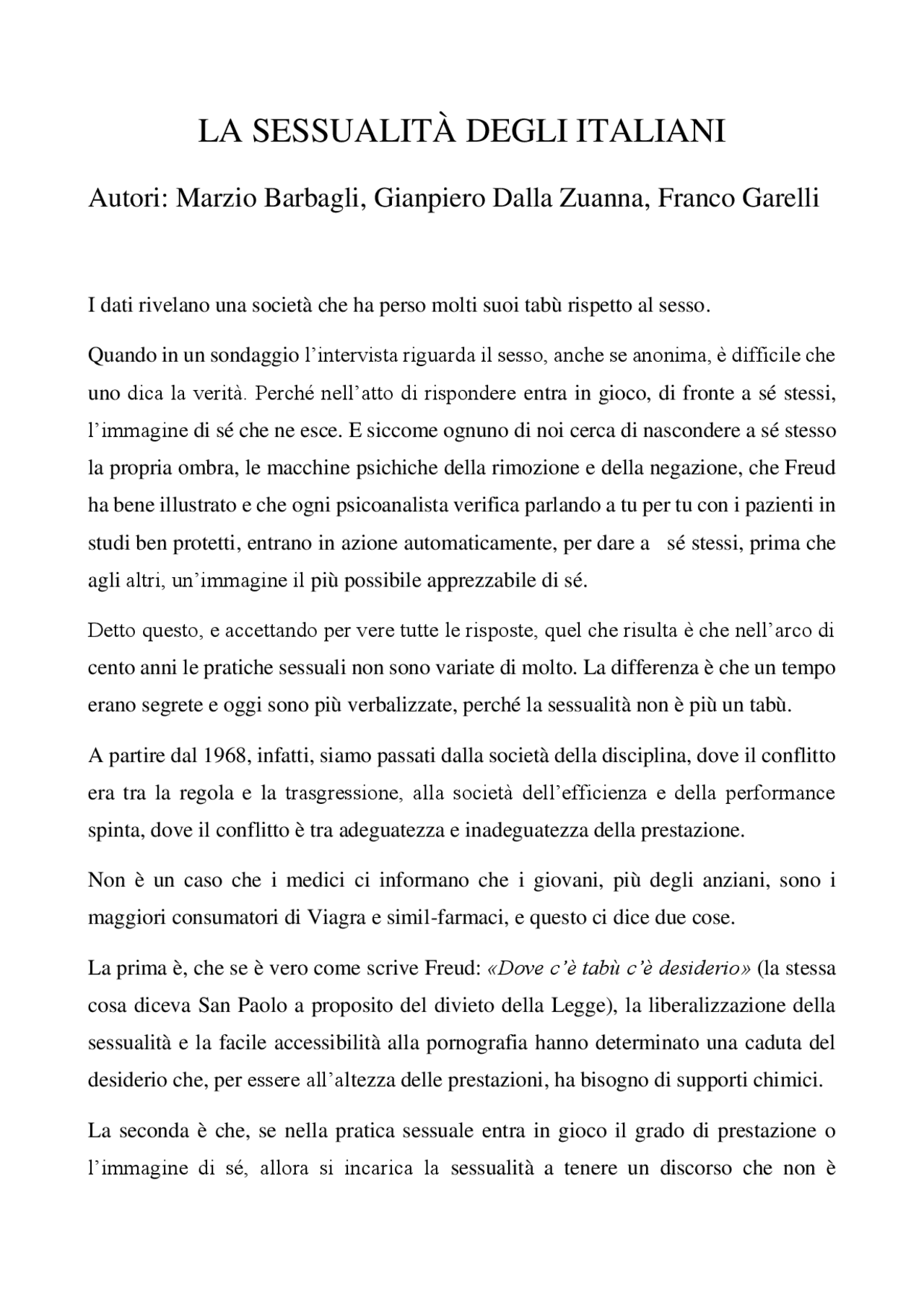 Riassunto del libro "La sessualità degli italiani" | Appunti di Storia dell'Italia | Docsity