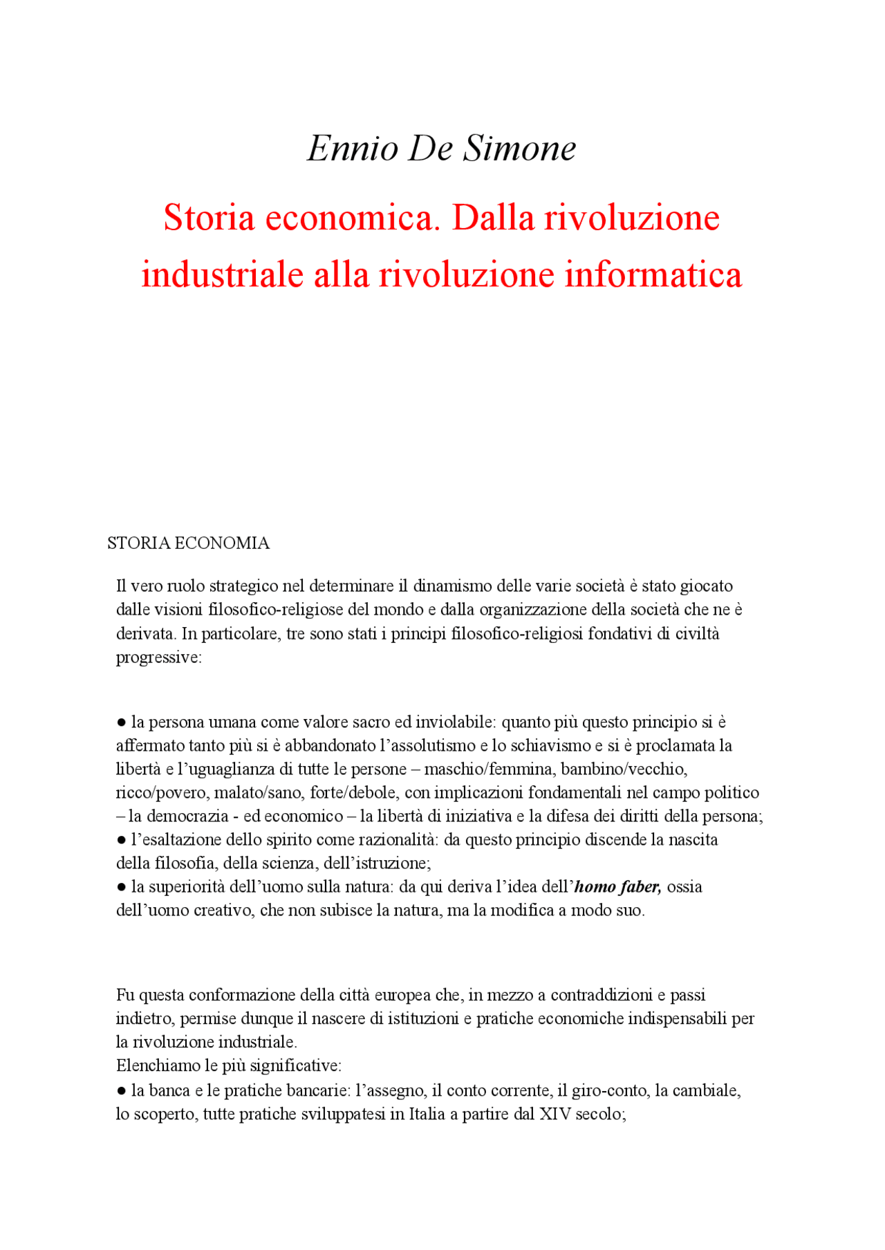 Ennio De Simone Storia Economica Sintesi Del Corso Di Storia Docsity