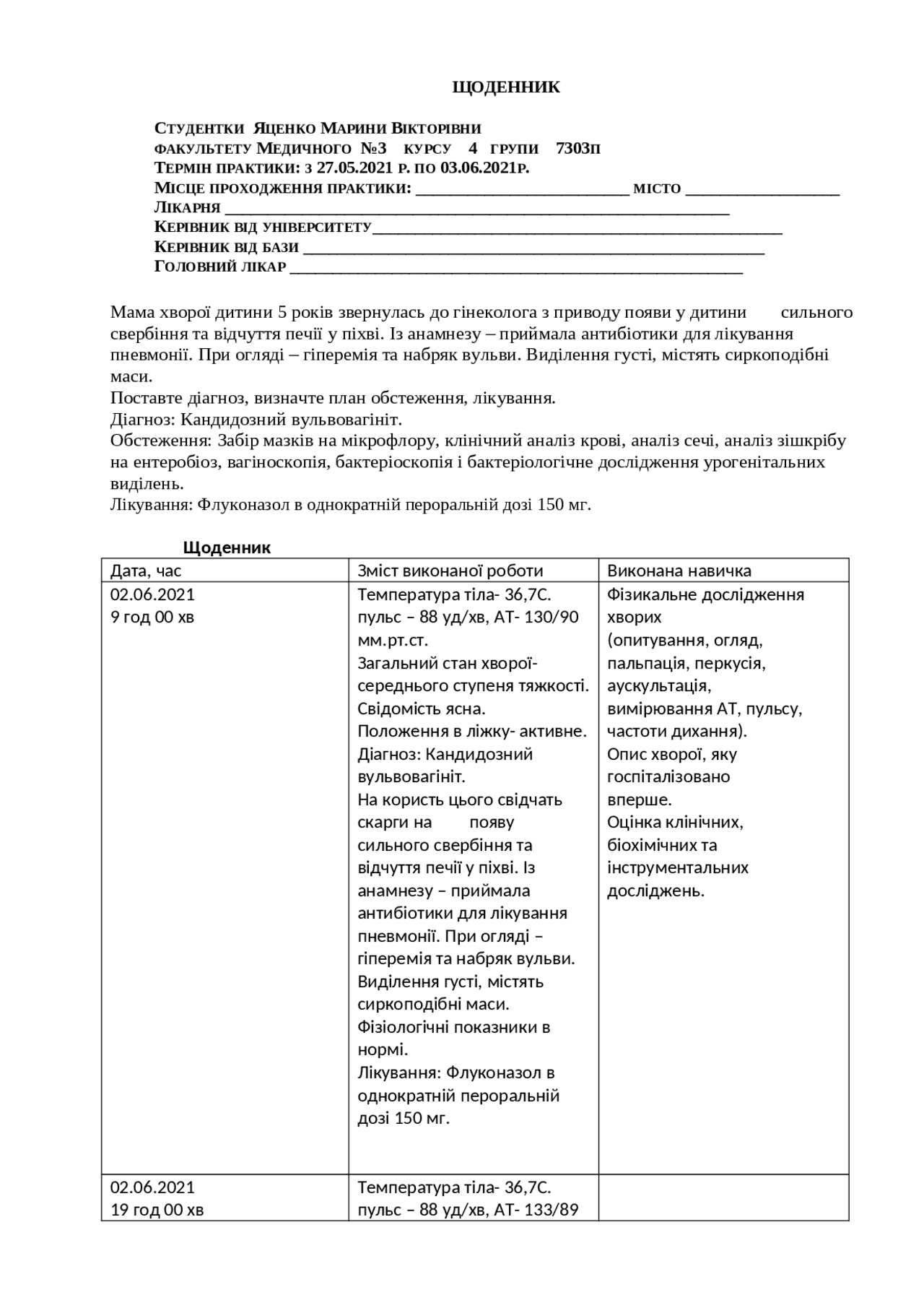 Щоденник з практики з гінекології Упражнения и задачи Гинекология