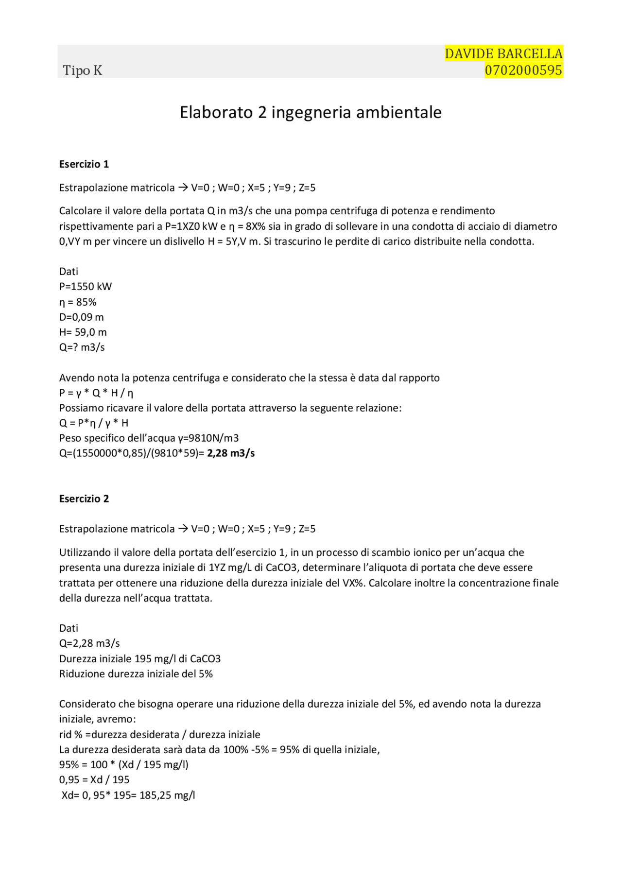 Elaborato 2 Ingegneria Ambientale Pegaso Prove Desame Di Ingegneria
