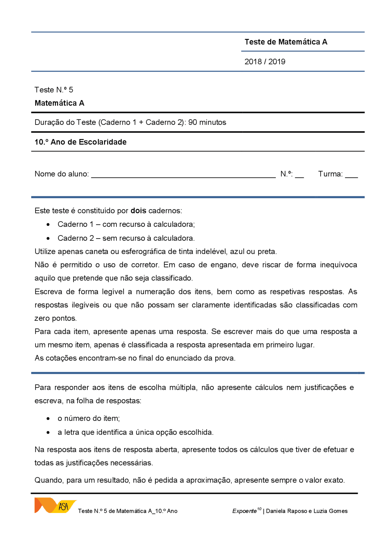 Testes De Matematica 11 Ano Ano Provas Matemática Docsity