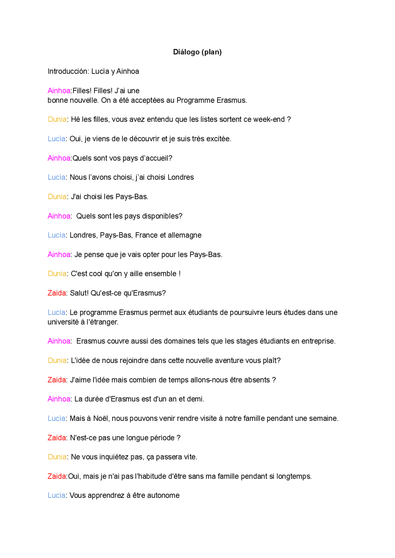 Diálogo de francés 1º bach | Ejercicios de Francés | Docsity