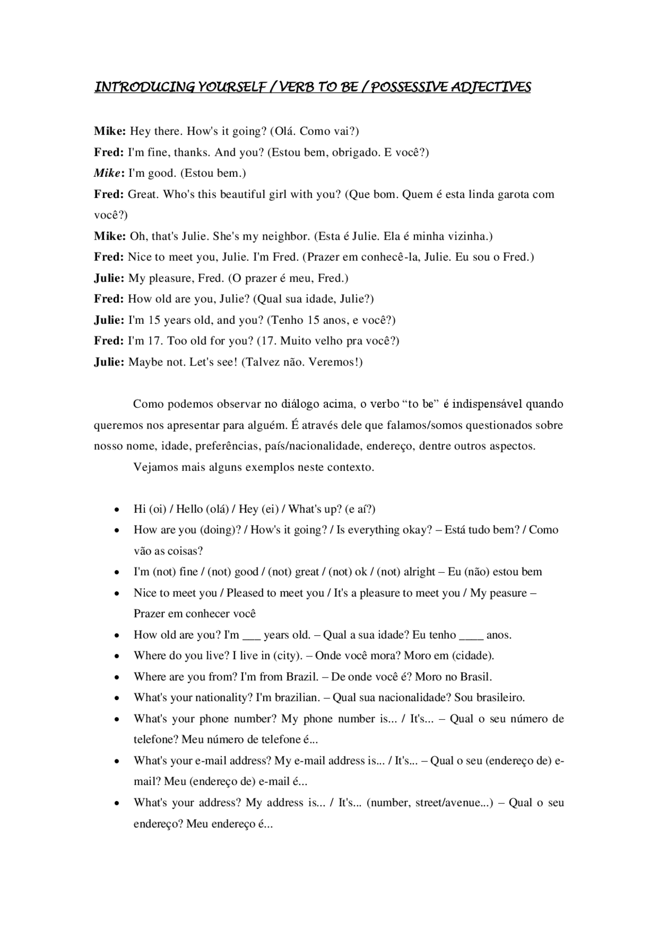 INTRODUCING YOURSELF / VERB TO BE / POSSESSIVE ADJECTIVES | Notas de ...