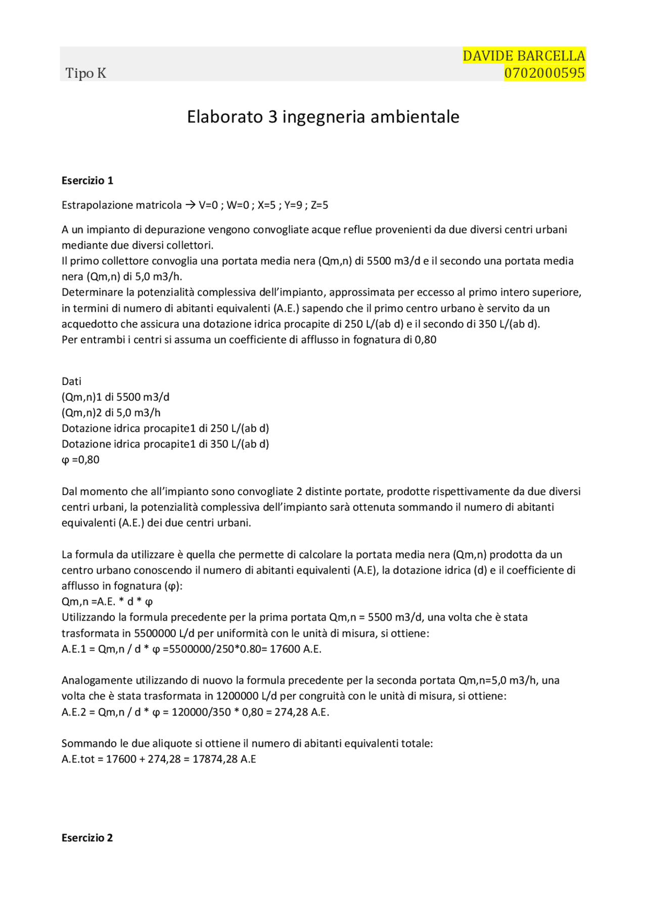 Elaborato 3 Ingegneria Ambientale Pegaso Prove Desame Di Ingegneria