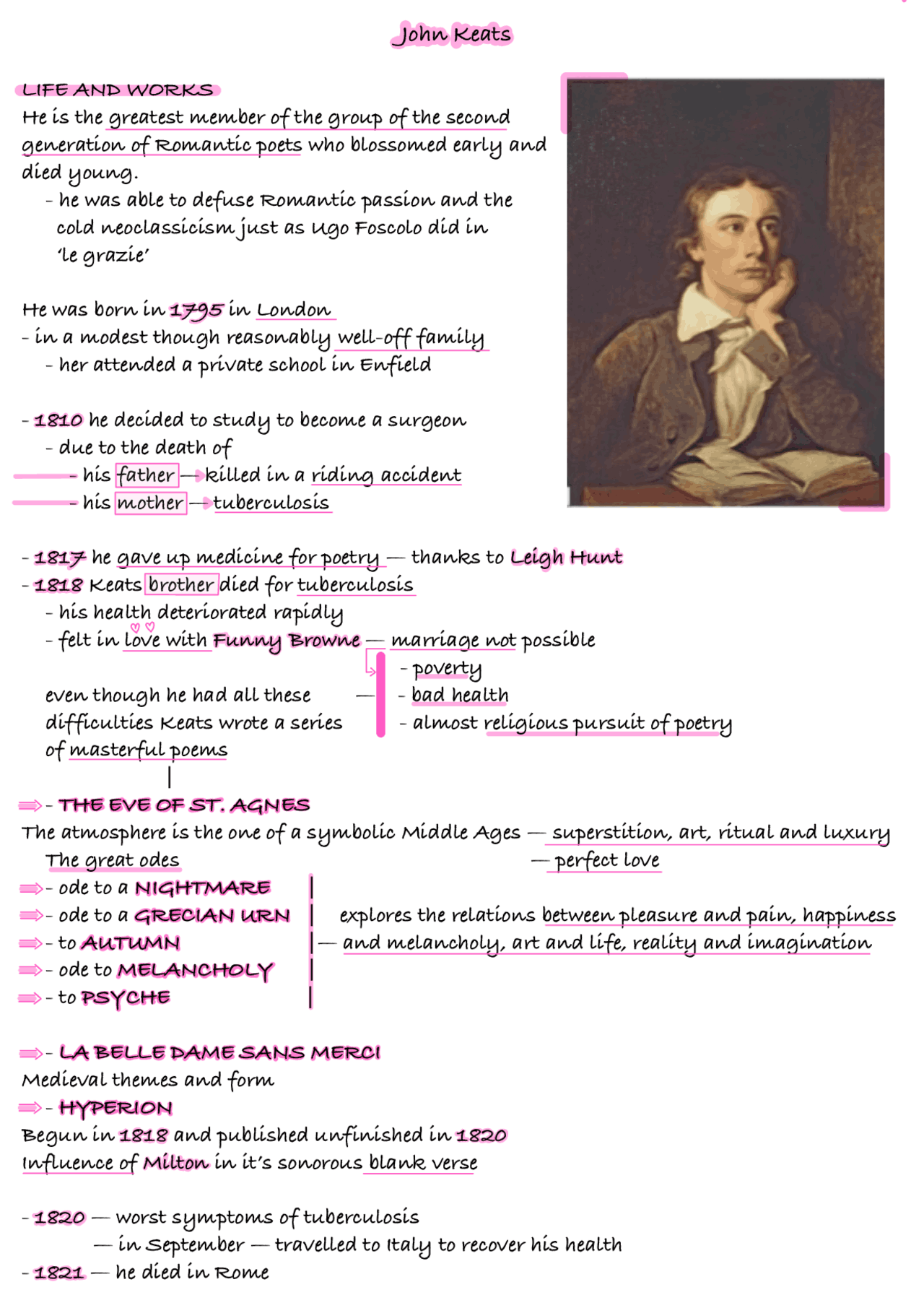 John Keats Life And Works Appunti Di Inglese Docsity