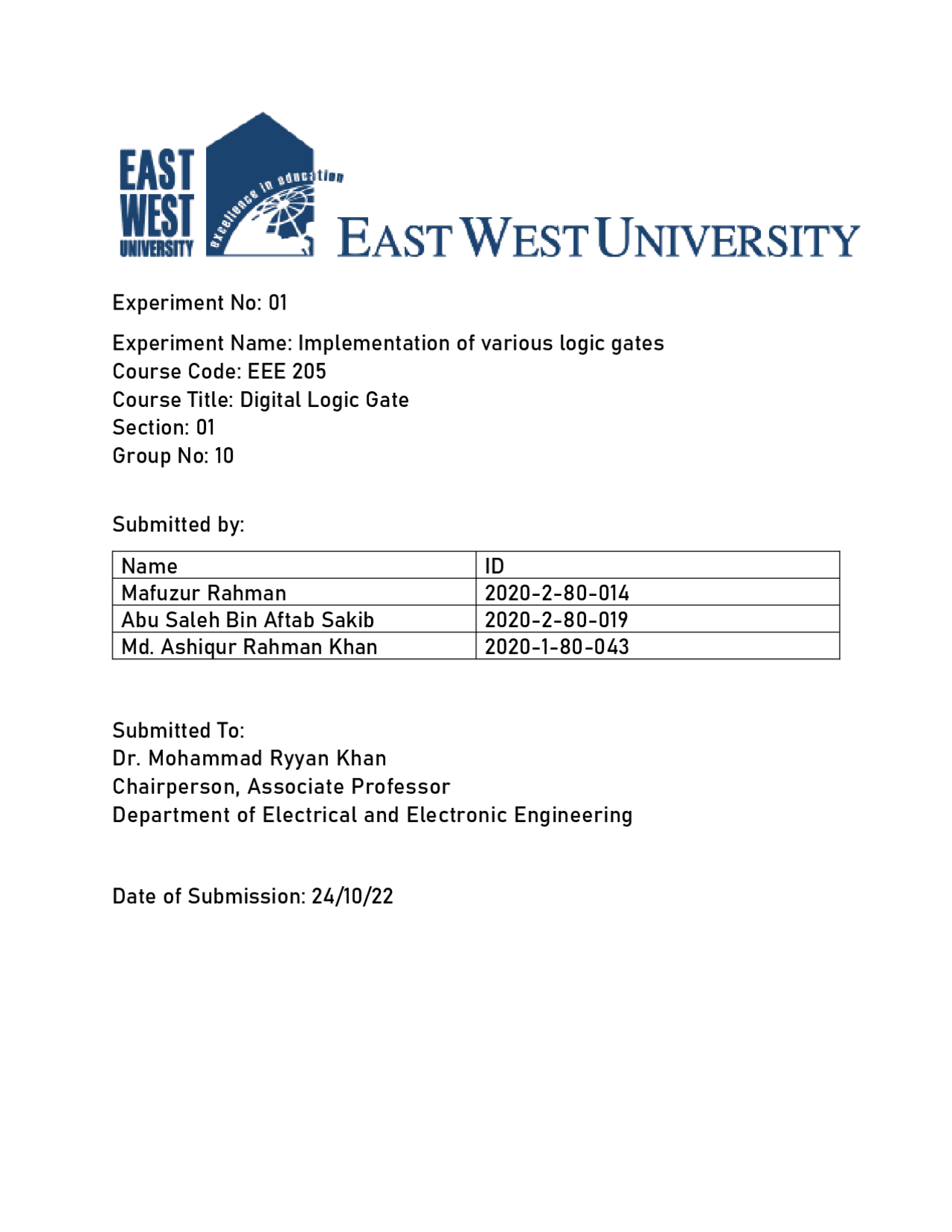 Implementation Of Various Logic Gates Experiment 01 Summaries