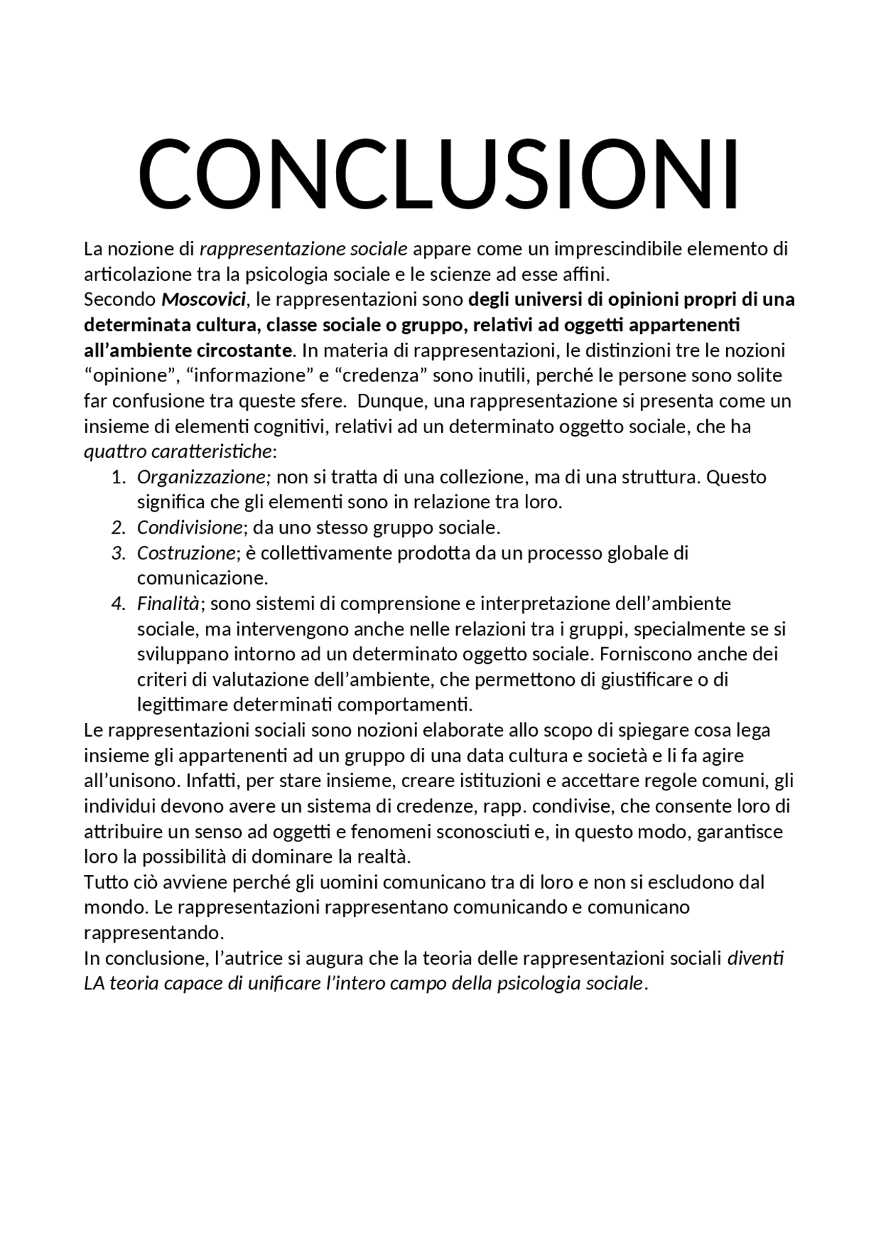Riassunto CONCLUSIONI libro rappresentazioni sociali - ida galli ...
