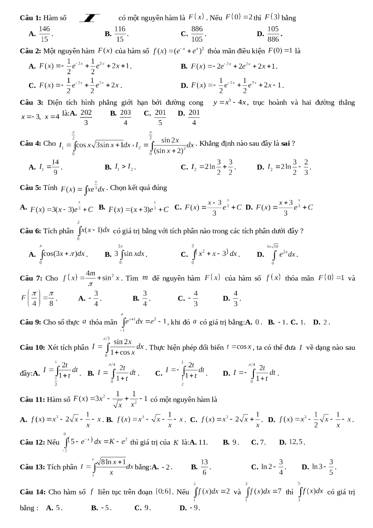 Bài tập ôn thi tích phân | Essays (high school) Mathematics | Docsity
