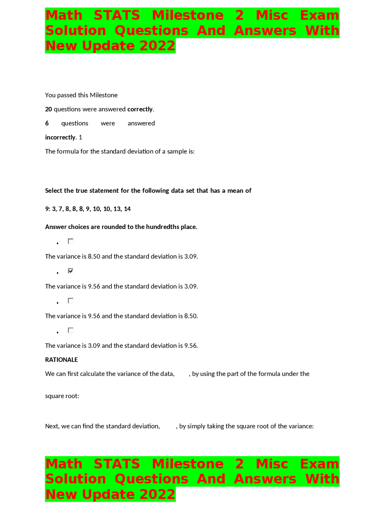 Math STATS Milestone 2 Misc Exam Solution Questions And Answers With ...