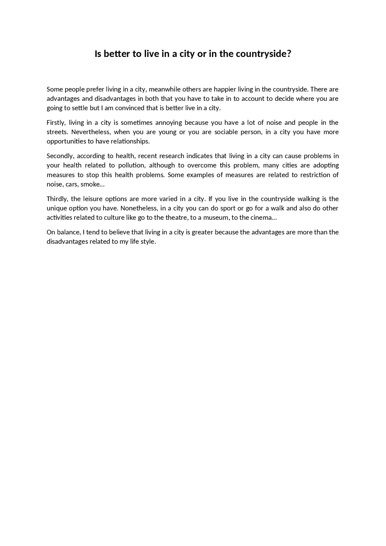 Writing First: Countryside and city | Ejercicios de Inglés | Docsity