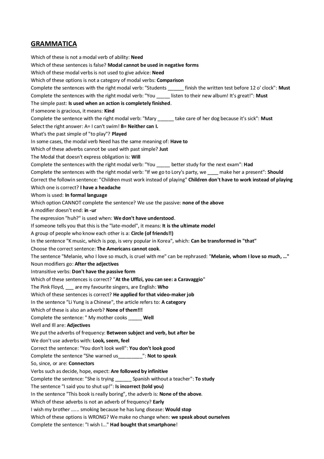 Lingua E Traduzione Inglese 4 Domande Chiuse Svolte Prove Desame
