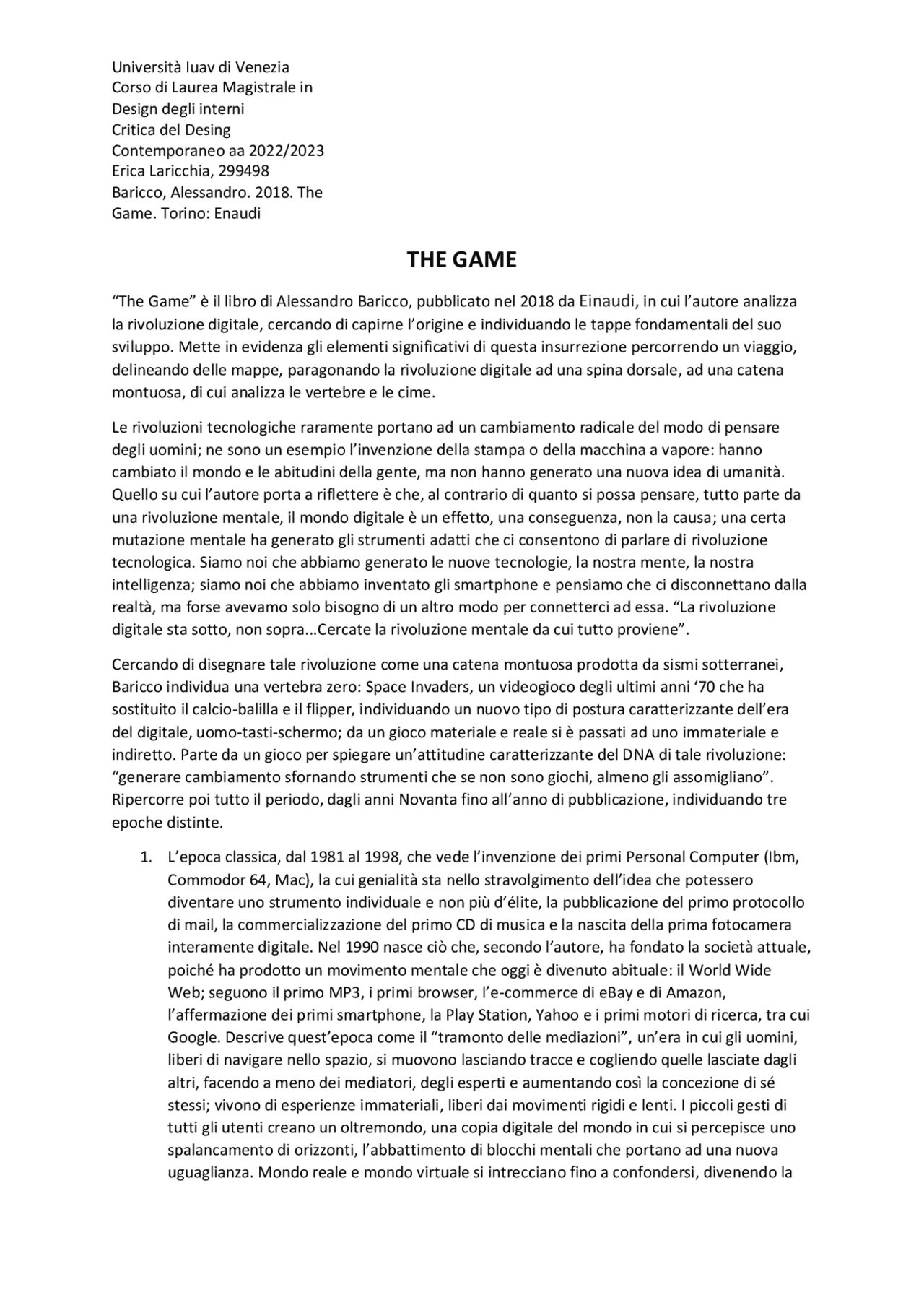 Riassunto E Analisi The Game Barico Schemi E Mappe Concettuali Di