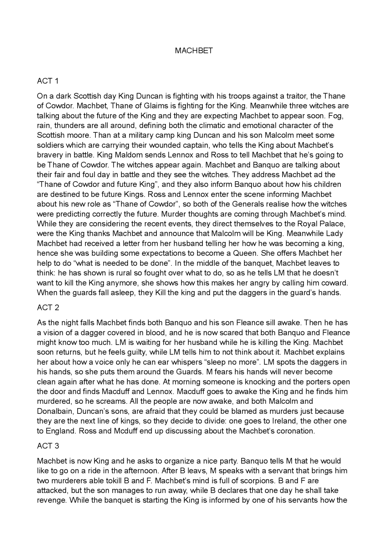 "Machbet" riassunto in inglese / summary | Sintesi del corso di Inglese ...