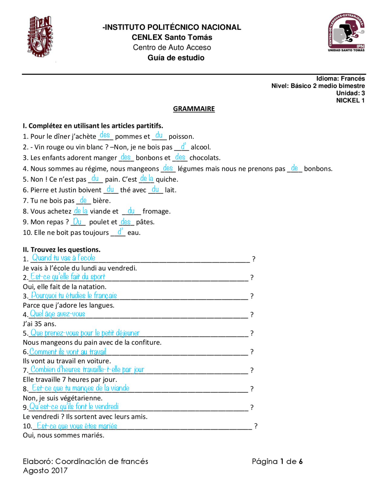 Guía de estudio nivel basico 2 | Ejercicios de Idioma Francés | Docsity