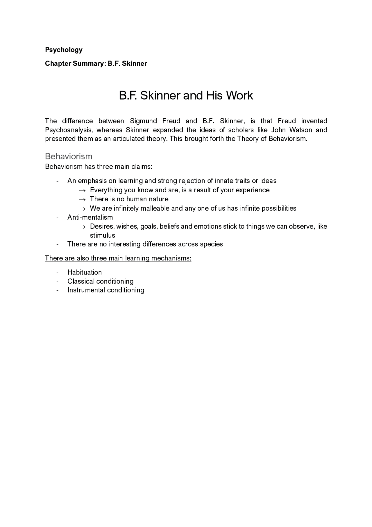 Bf Skinner And Behaviorism Lecture Notes Psychology Docsity