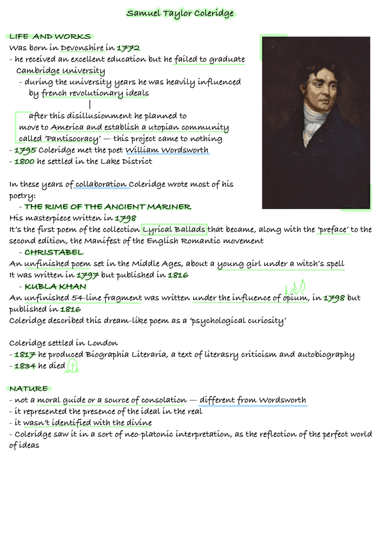 Samuel Taylor Coleridge life and works | Appunti di Inglese | Docsity