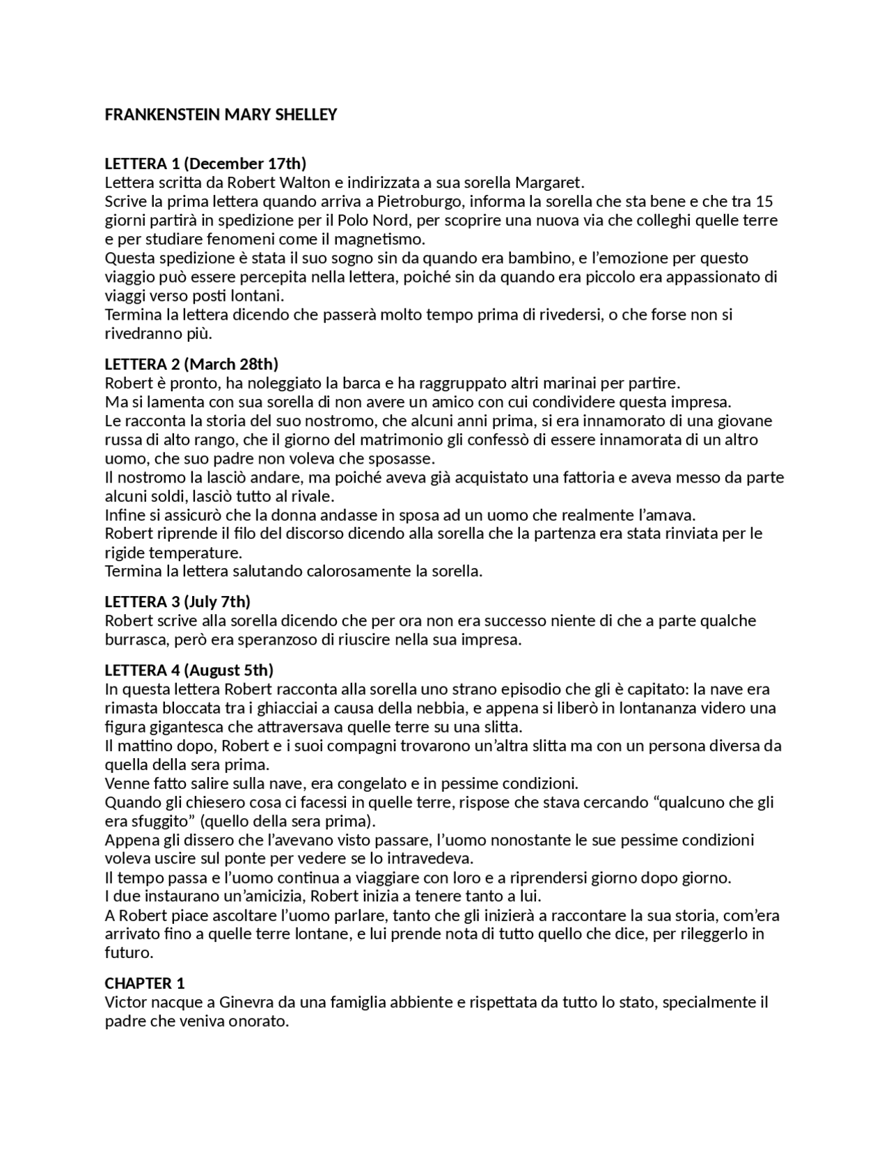 Riassunti Frankenstein | Schemi e mappe concettuali di Letteratura Inglese | Docsity