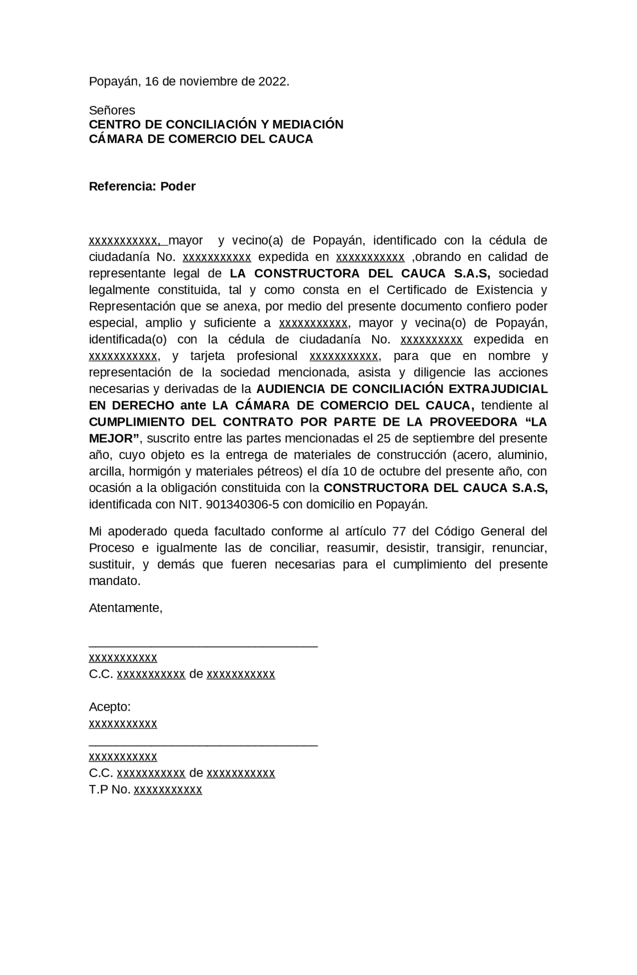 PODER SOLICITUD ANTE LA CÁMARA DE COMERCIO | Ejercicios de Derecho ...