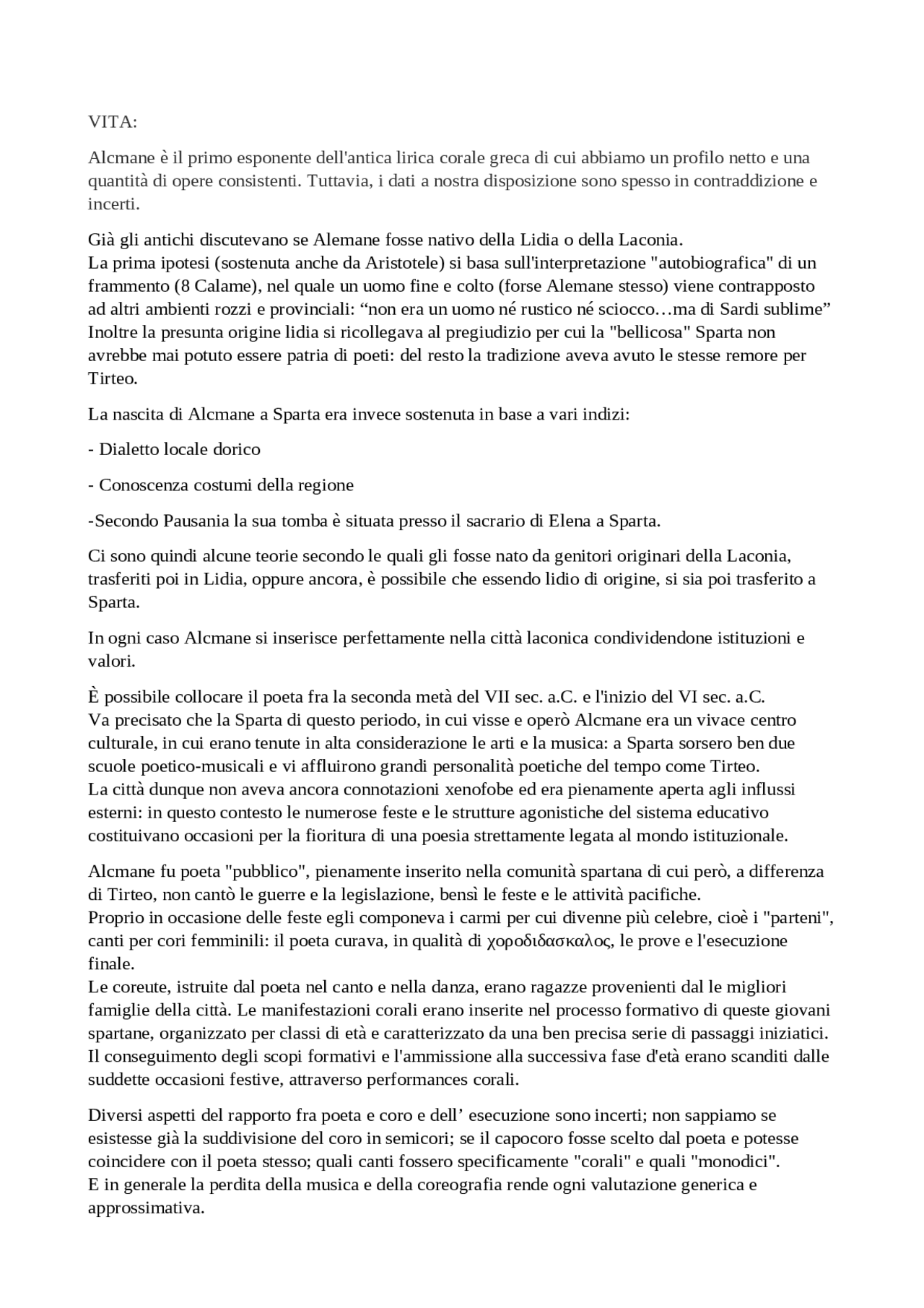 Alcamane Vita E Opere Appunti Di Greco Docsity