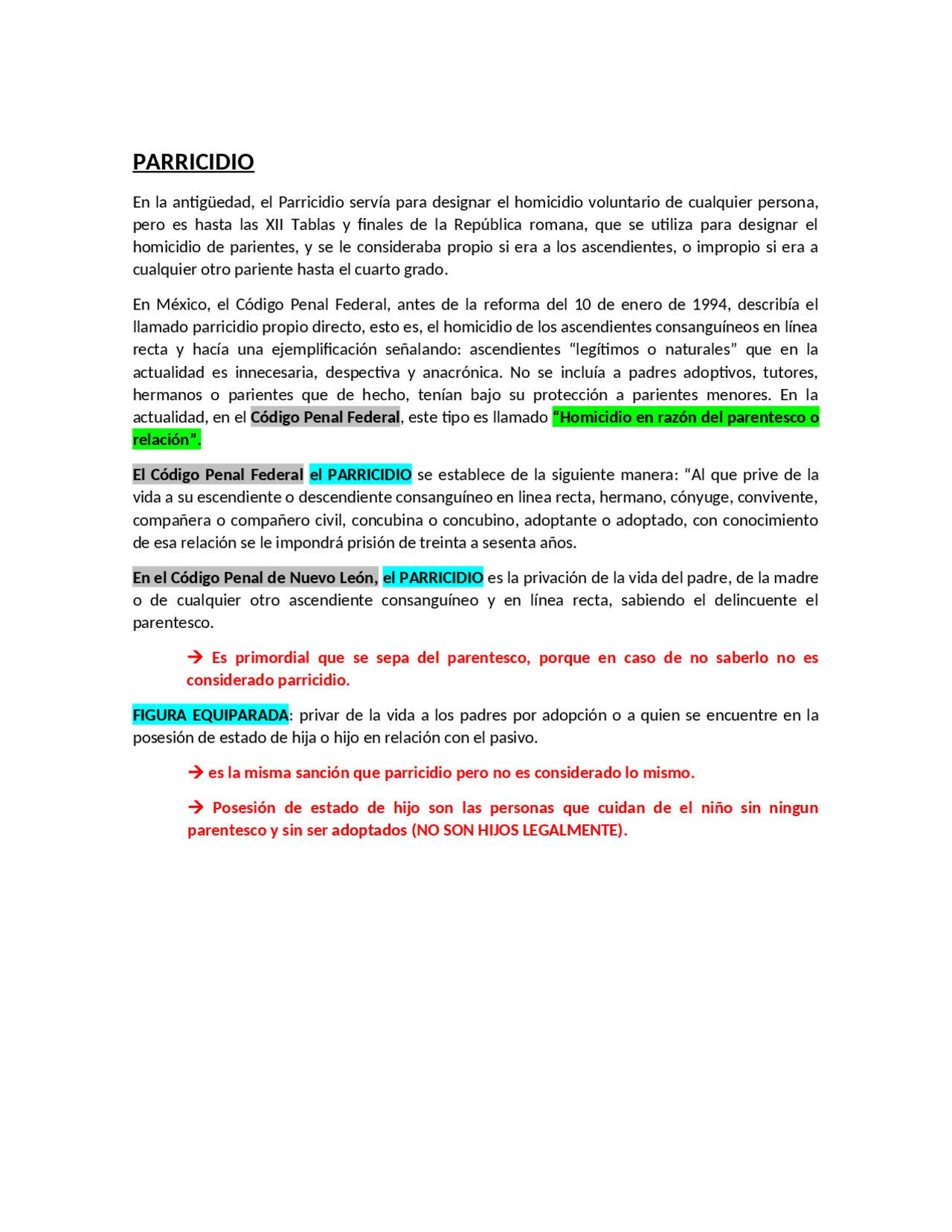 Definición de parricidio | Apuntes de Derecho Penal | Docsity